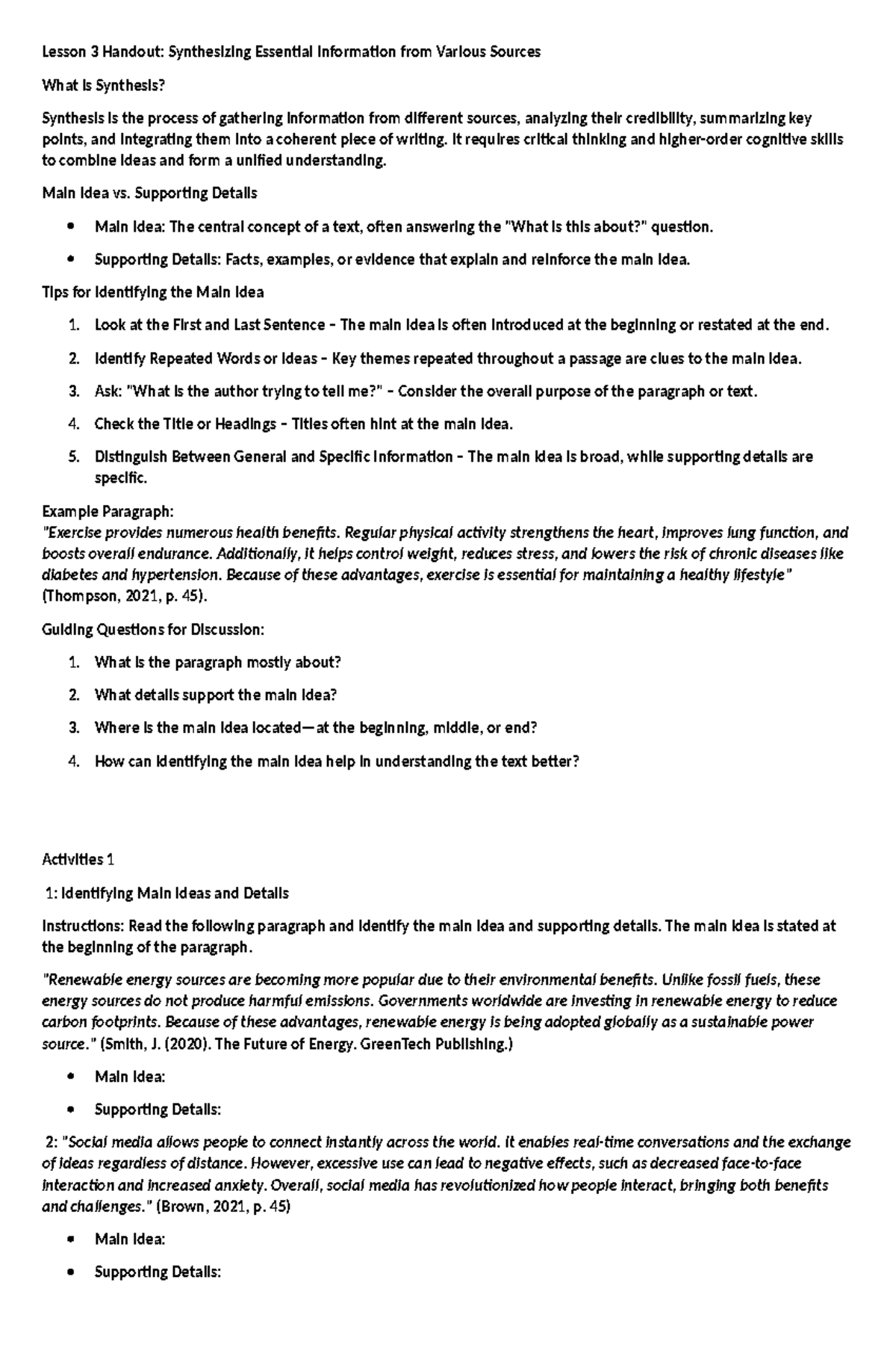 Lesson 3 Handout- MAIN IDEA- Summarizing- Synthesizing - Lesson 3 ...
