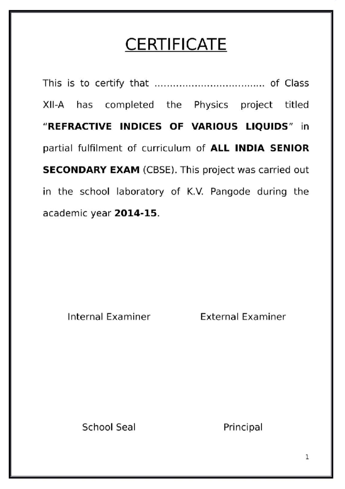 Physics Project Report: Indices of Various Liquids (CBSE) - Studocu