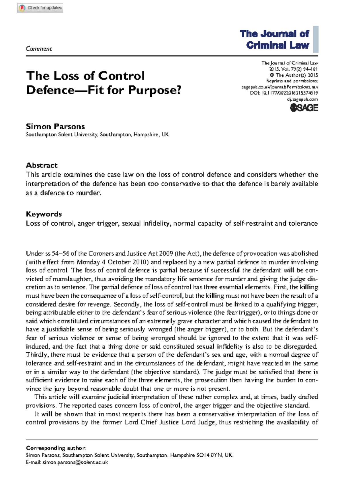 Parsons 2015: Evaluating the Loss of Control Defence in Murder Cases ...