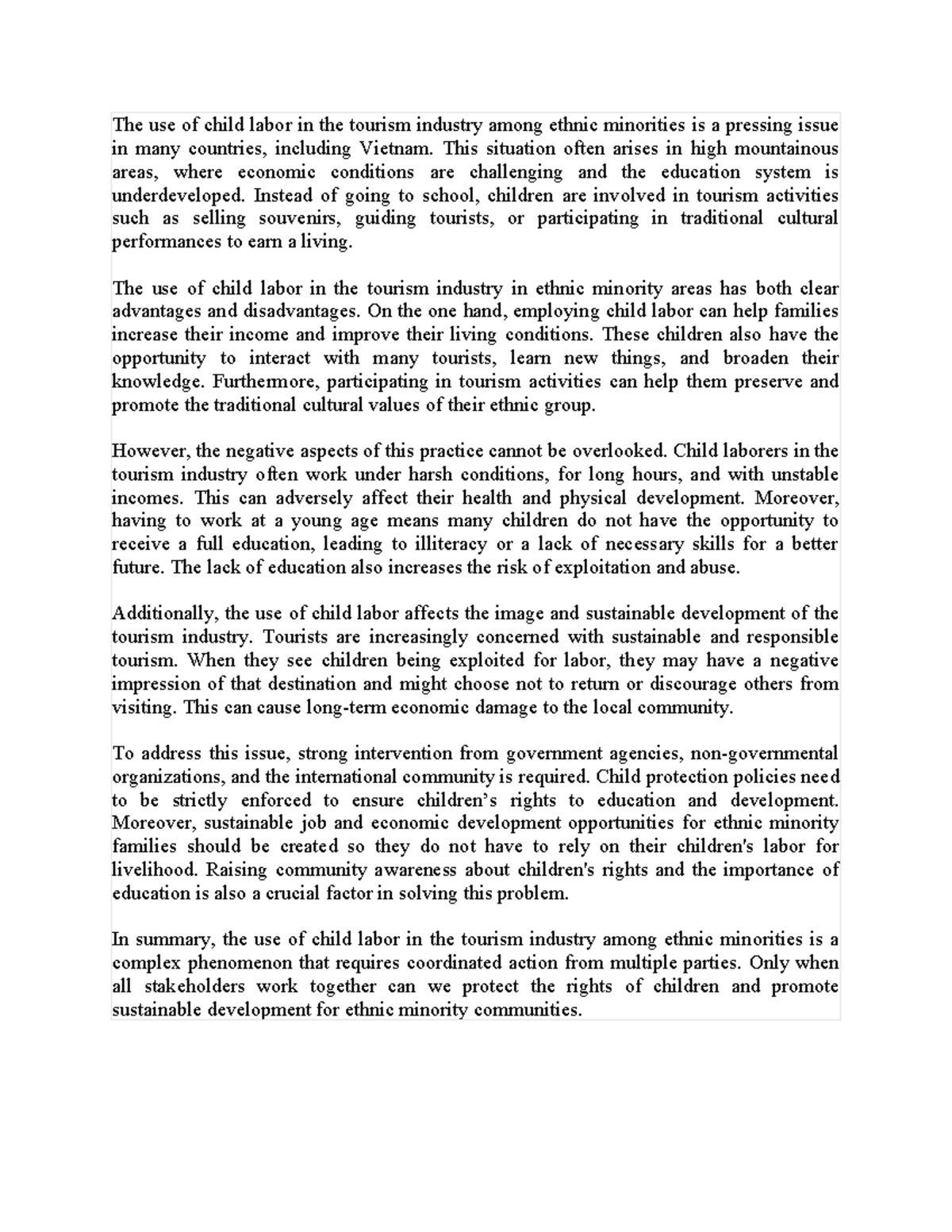 The use of child labor in the tourism industry among ethnic minorities ...