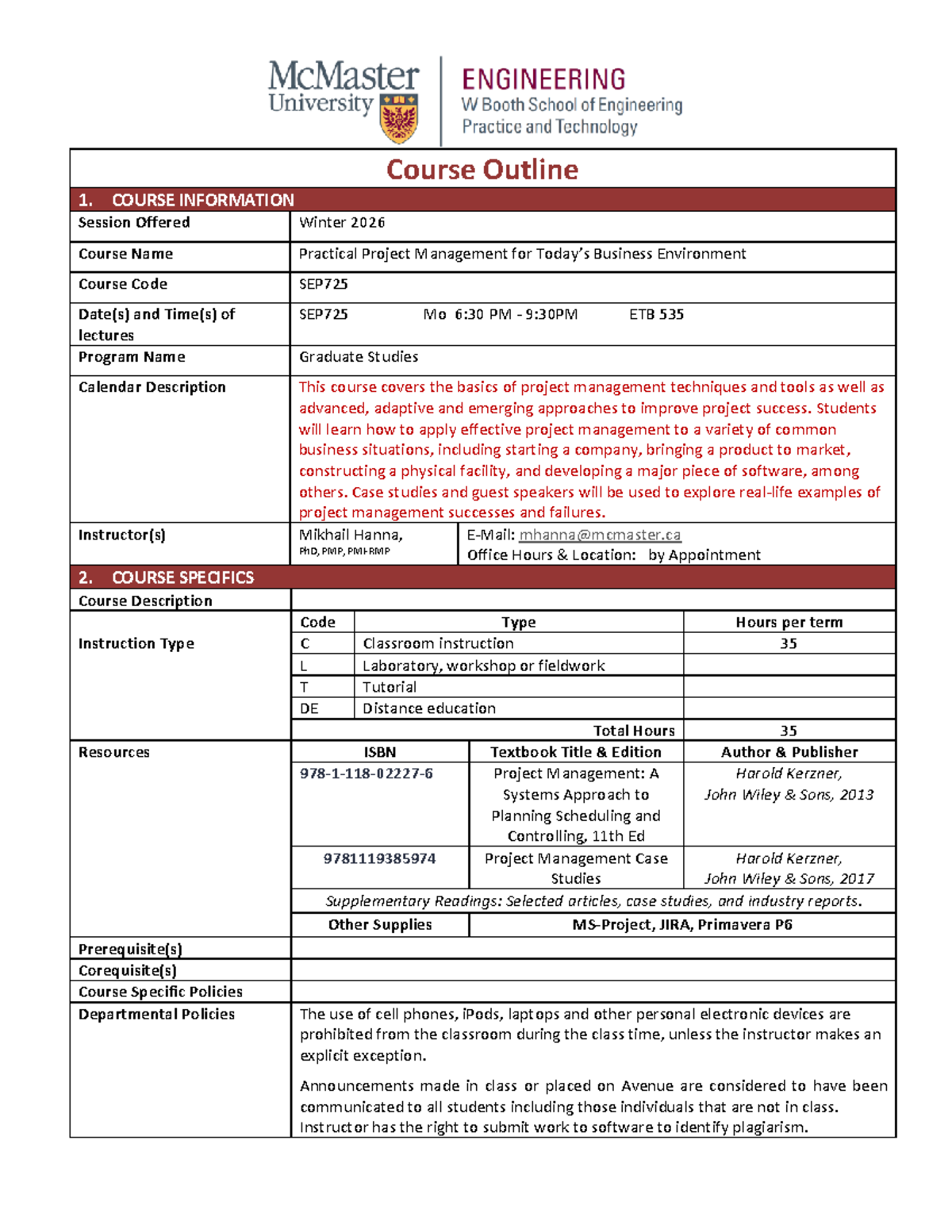 SEP725 Winter 2026 Course Outline: Practical Project Management - Studocu