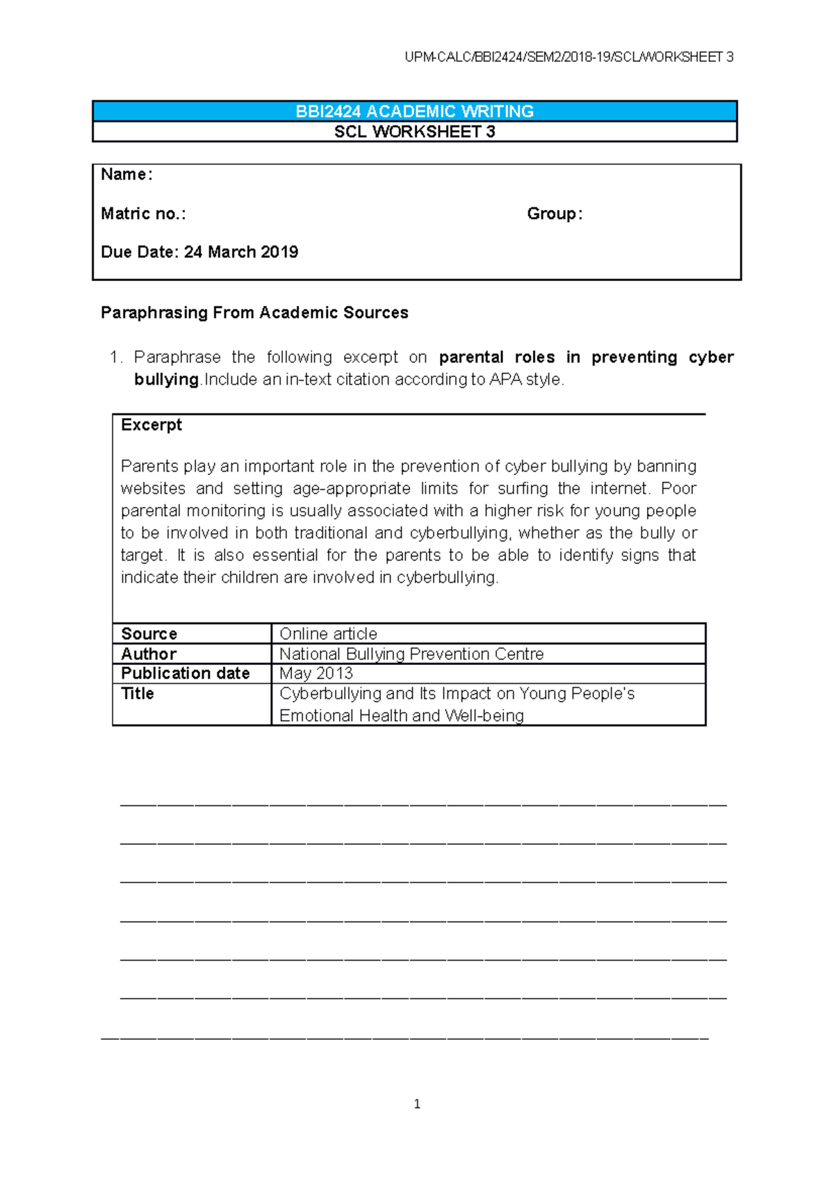 BBI2424 SCL Worksheet 3 (WEEK 5-6) - Paraphrasing - BBI2424 ACADEMIC ...
