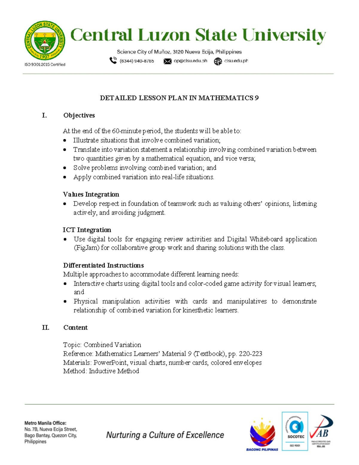 DETAILED LESSON PLAN ON COMBINED VARIATION (MATH 9) - Studocu