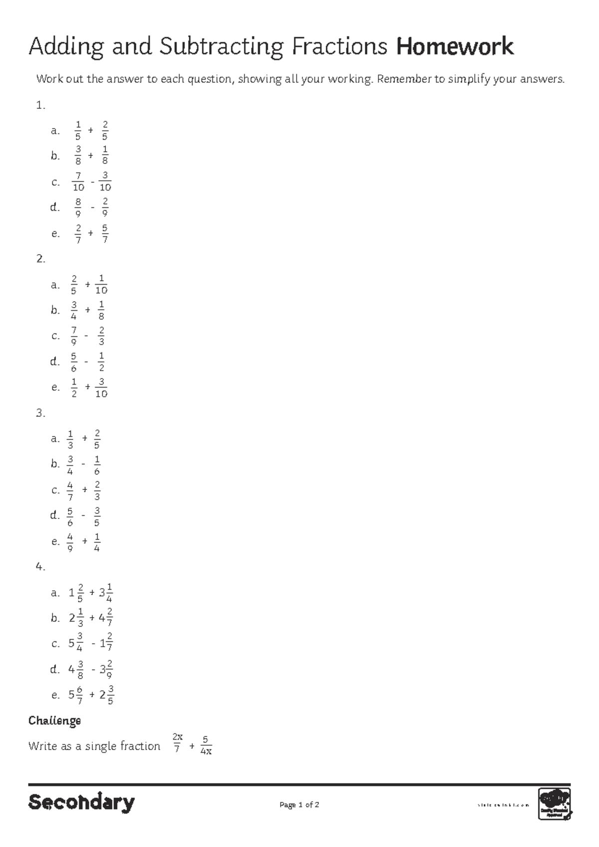 Adding and Subtracting Fractions - Homework Exercises - Studocu