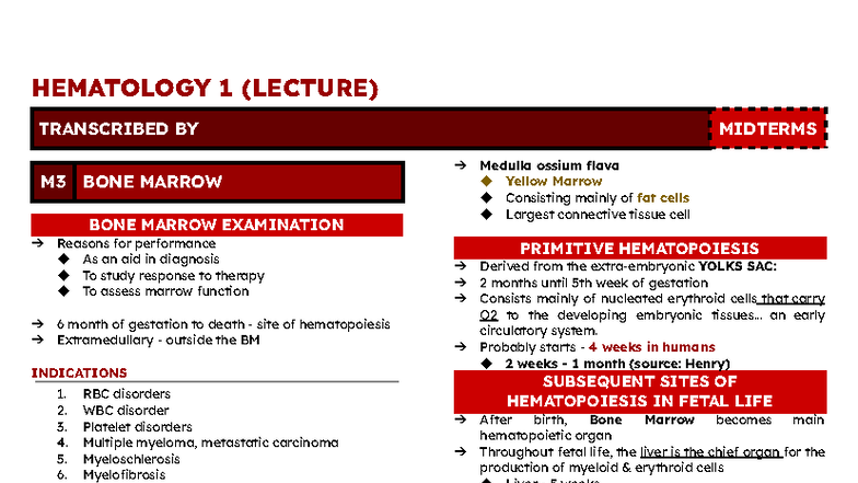BONE MARROW EXAMINATION (HEMATOLOGY 1 LECTURE) MIDTERM M3 NOTES - Studocu
