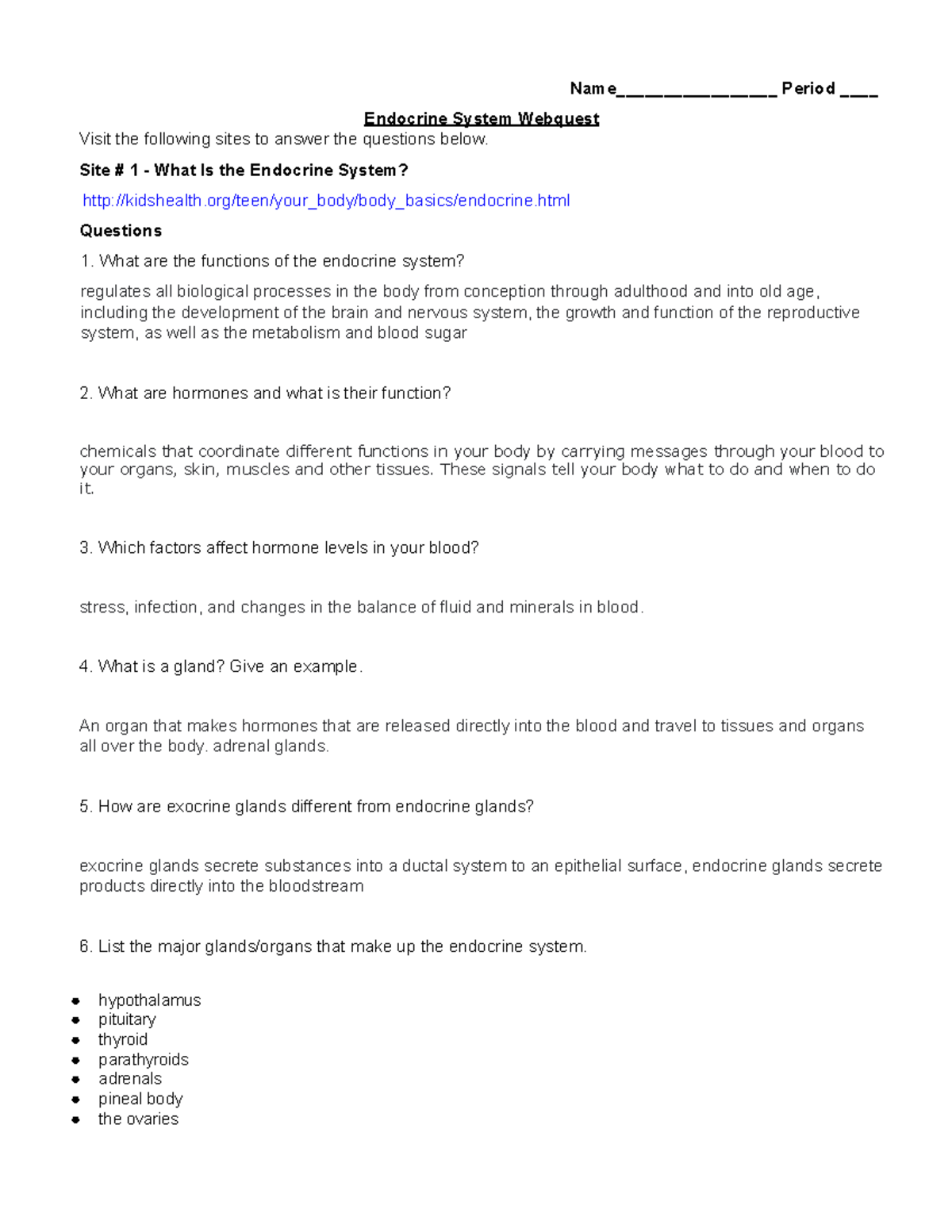 Webquest - Endocrine System - Name_________________ Period ...