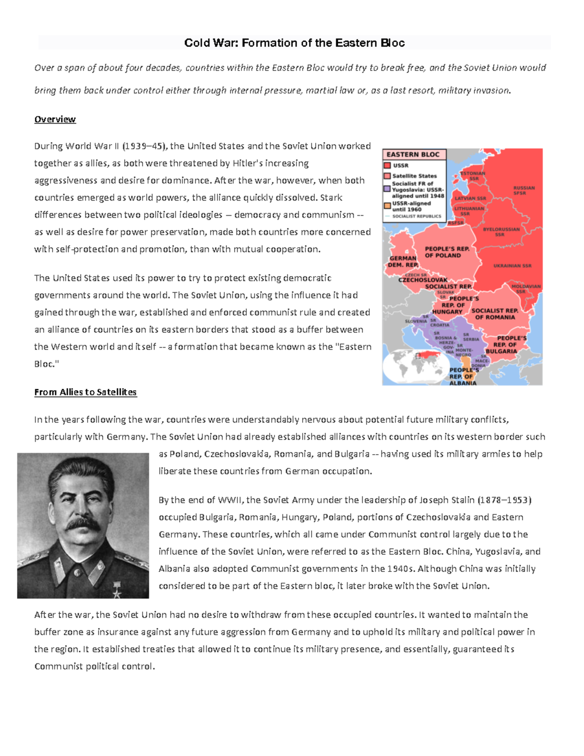 Cold War Mapping Activity - Cold War: Formation of the Eastern Bloc ...
