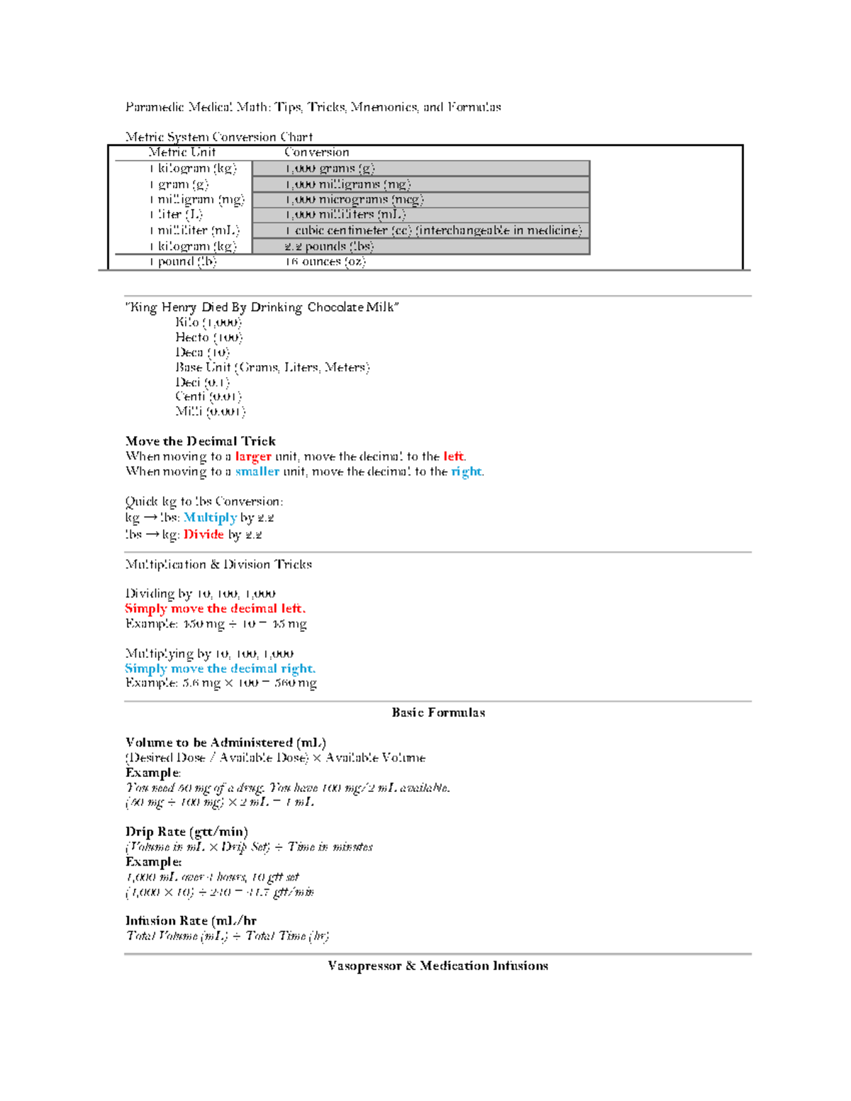 Paramedic Medical Math: Mnemonics & Formulas for Metric Conversions ...