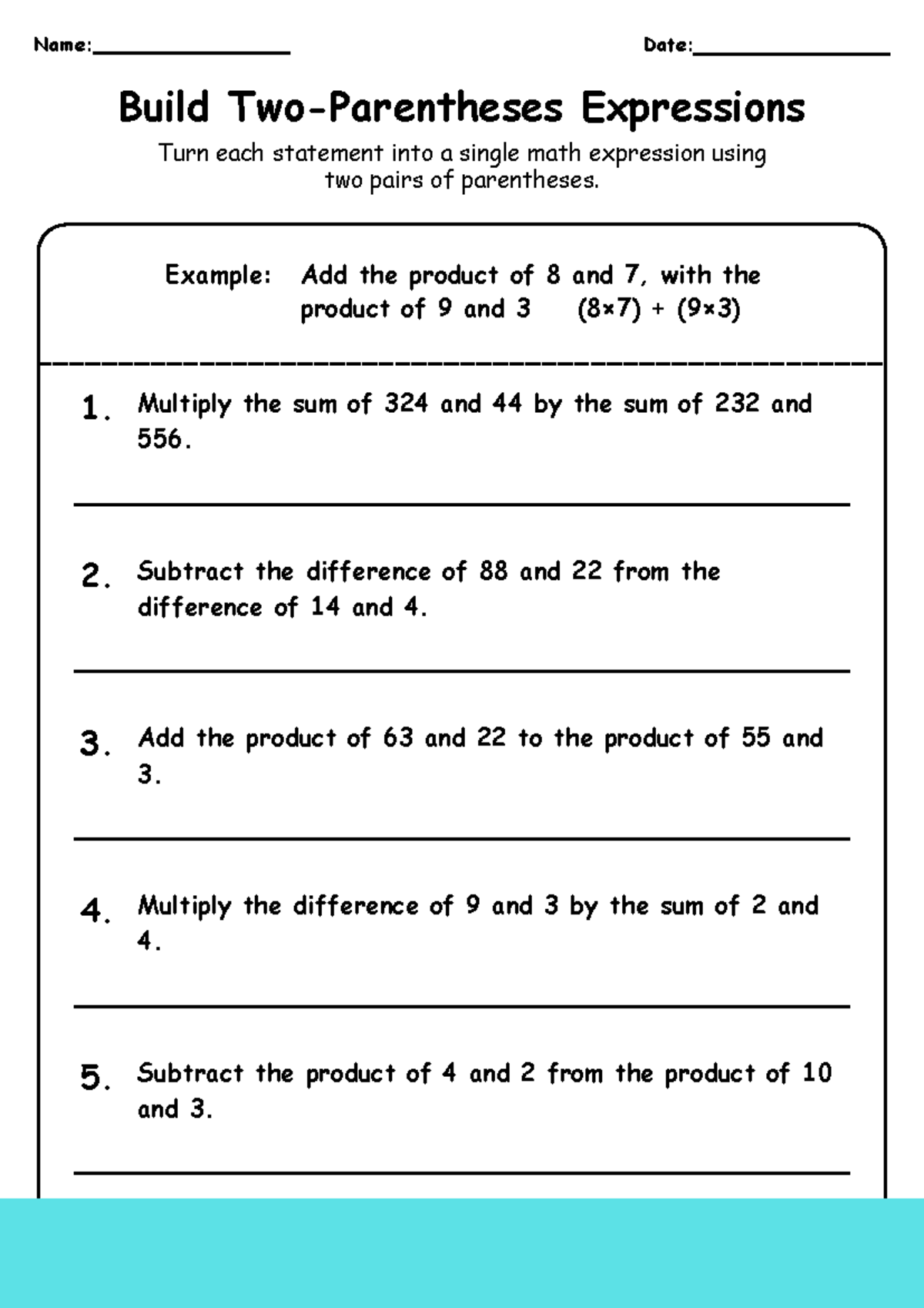 Building Two-Parentheses Expressions - 5th Grade Worksheet - Name: Date ...