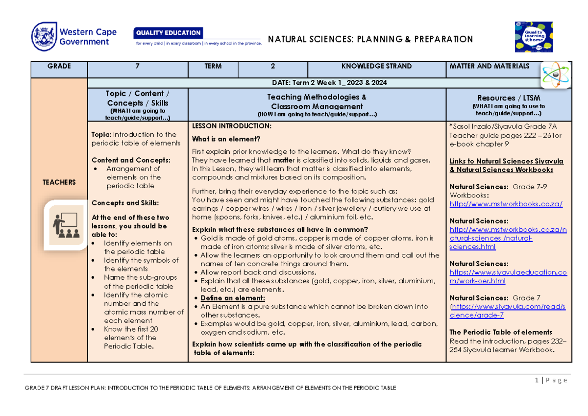 Grade 7 Natural Sciences Lesson Plan: Introduction to the Periodic ...