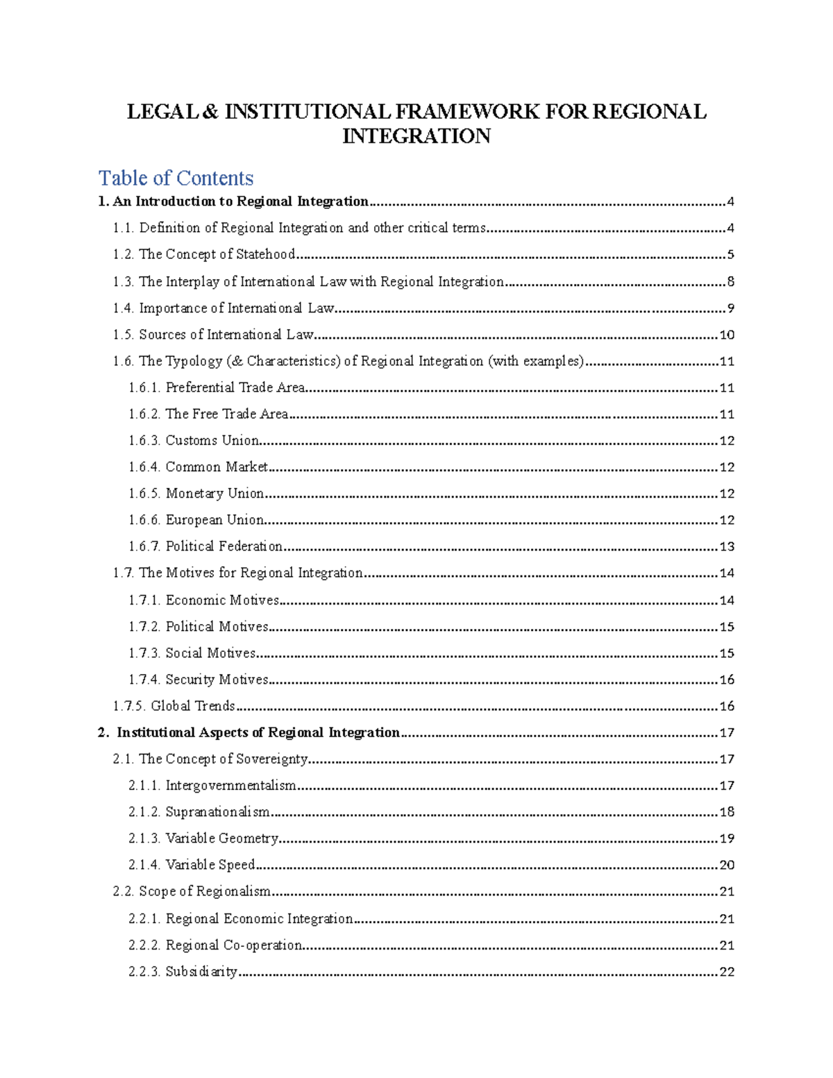 Legal and Institutional Framework for Regional Integration (R.I) Notes ...