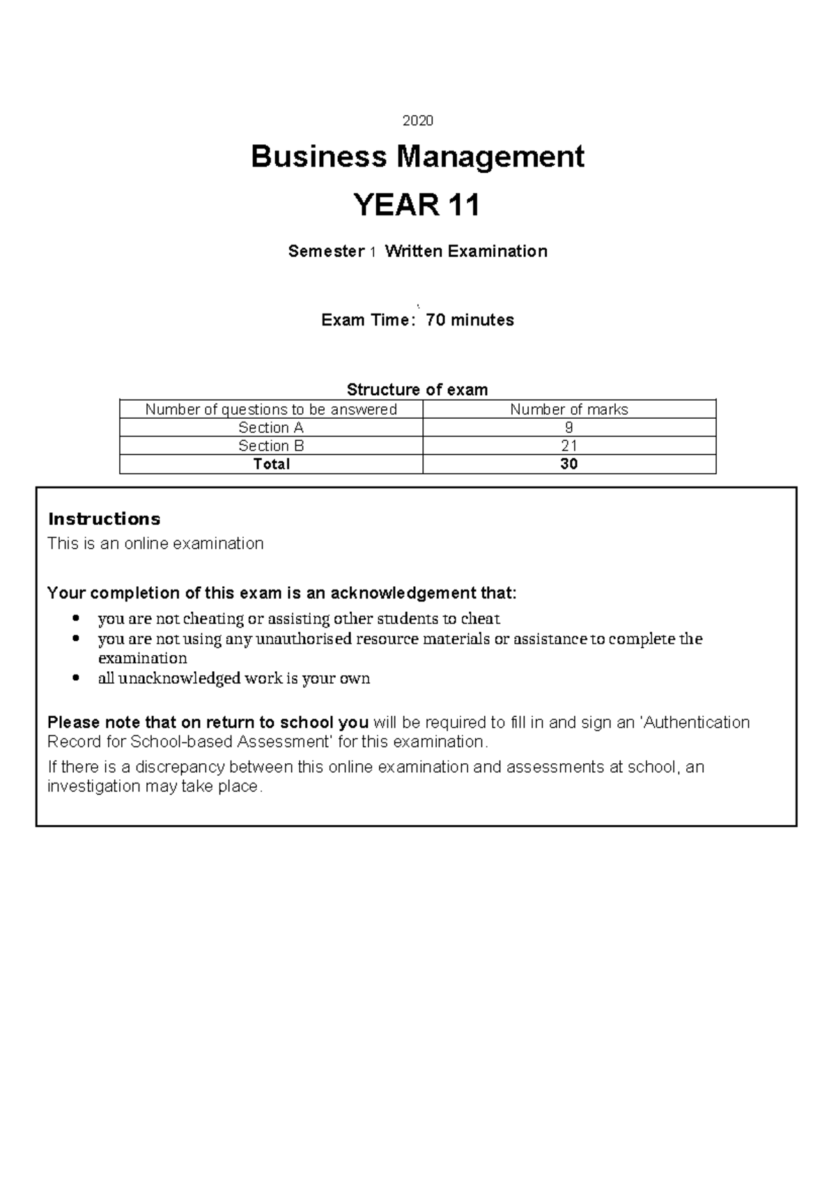 Business Management Year 11 Unit 1 Practice Exam with Solutions - Studocu