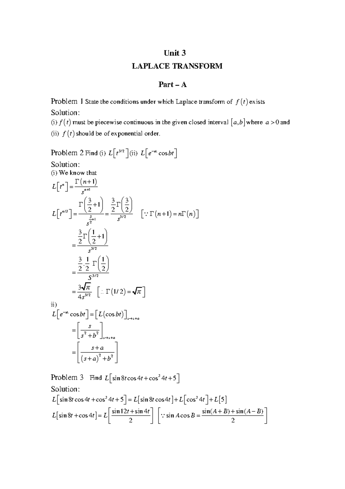 Laplace Transform Problems and Solutions - Unit 5 - Studocu