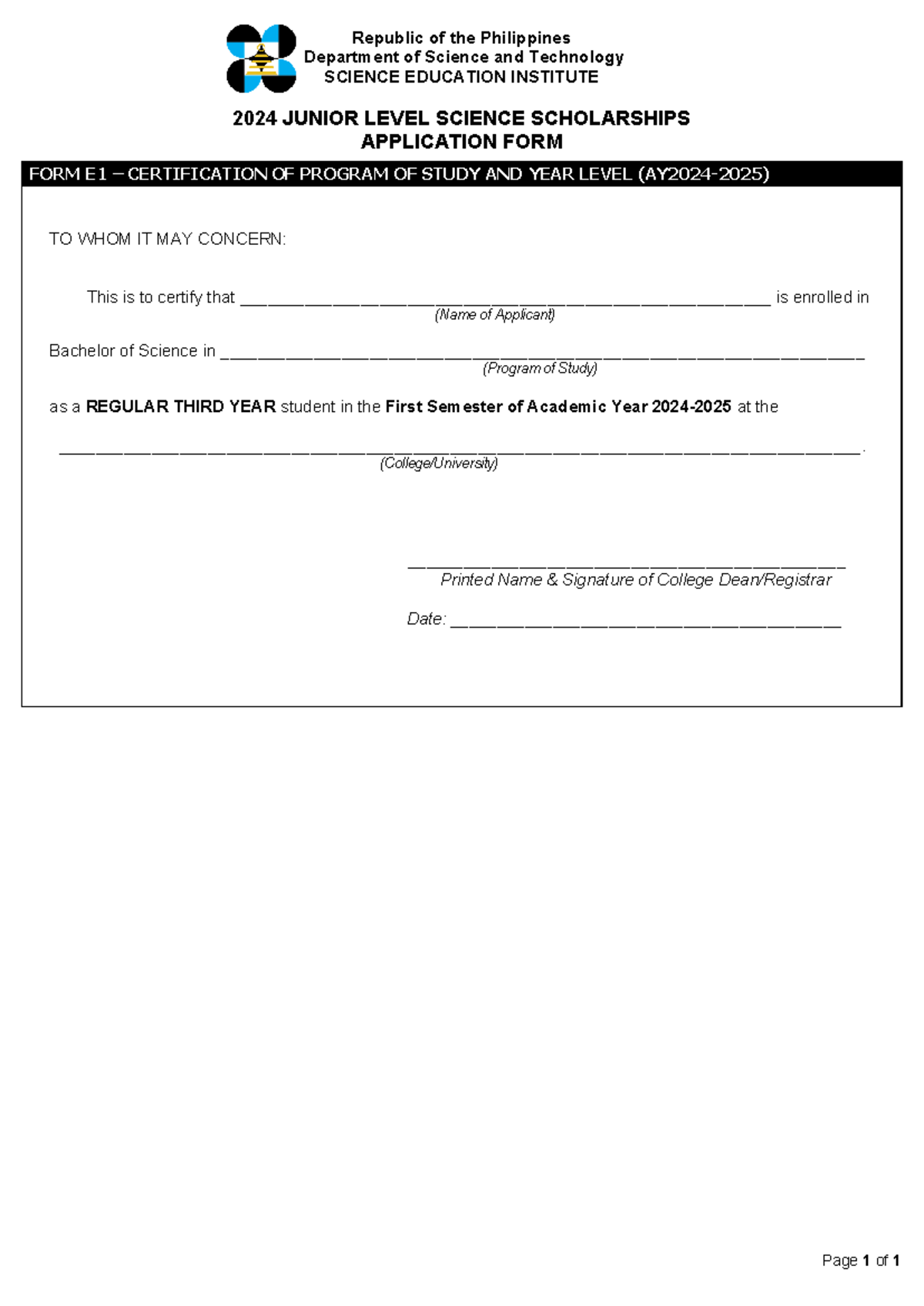 Form-E1 - dost - Republic of the Philippines Department of Science and ...