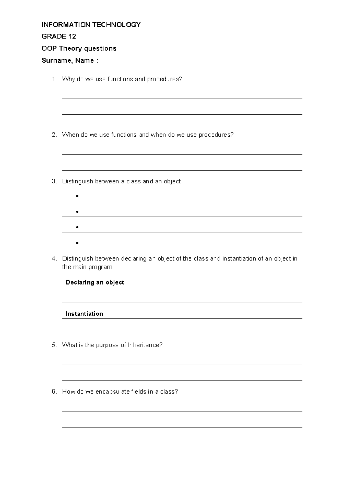 Grade 12 IT OOP Theory Questions Worksheet - Studocu