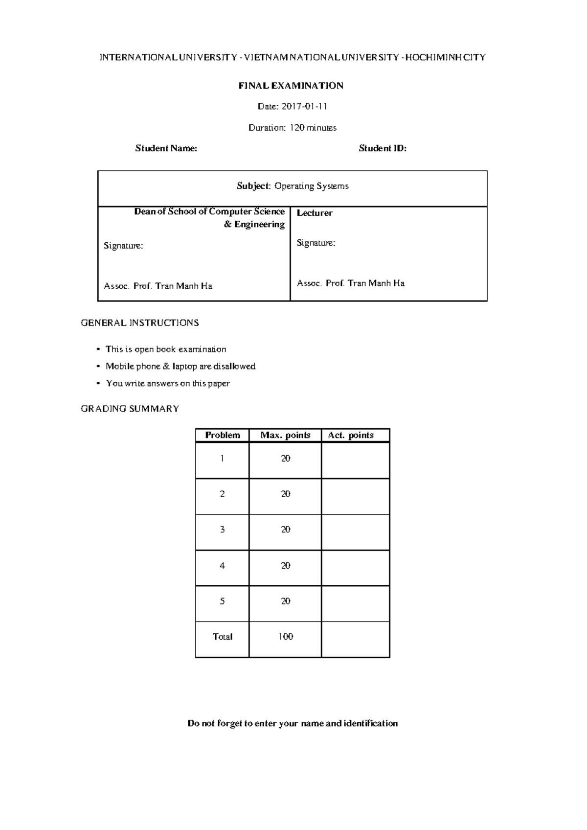 Final Exam - Operating Systems (Course Code: OS101) - Studocu