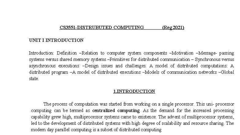 Distributed Computing (Reg 2021) Unit I: Introduction to Distributed ...