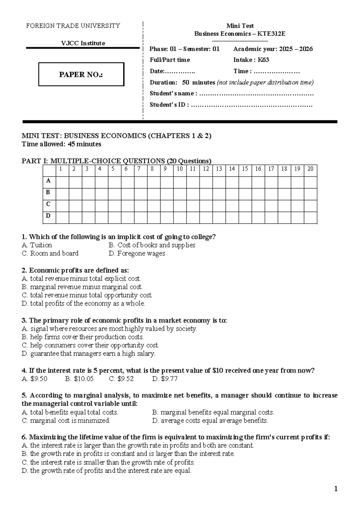 KTE312E Mini Test: Business Economics (Chapters 1-2) - Studocu