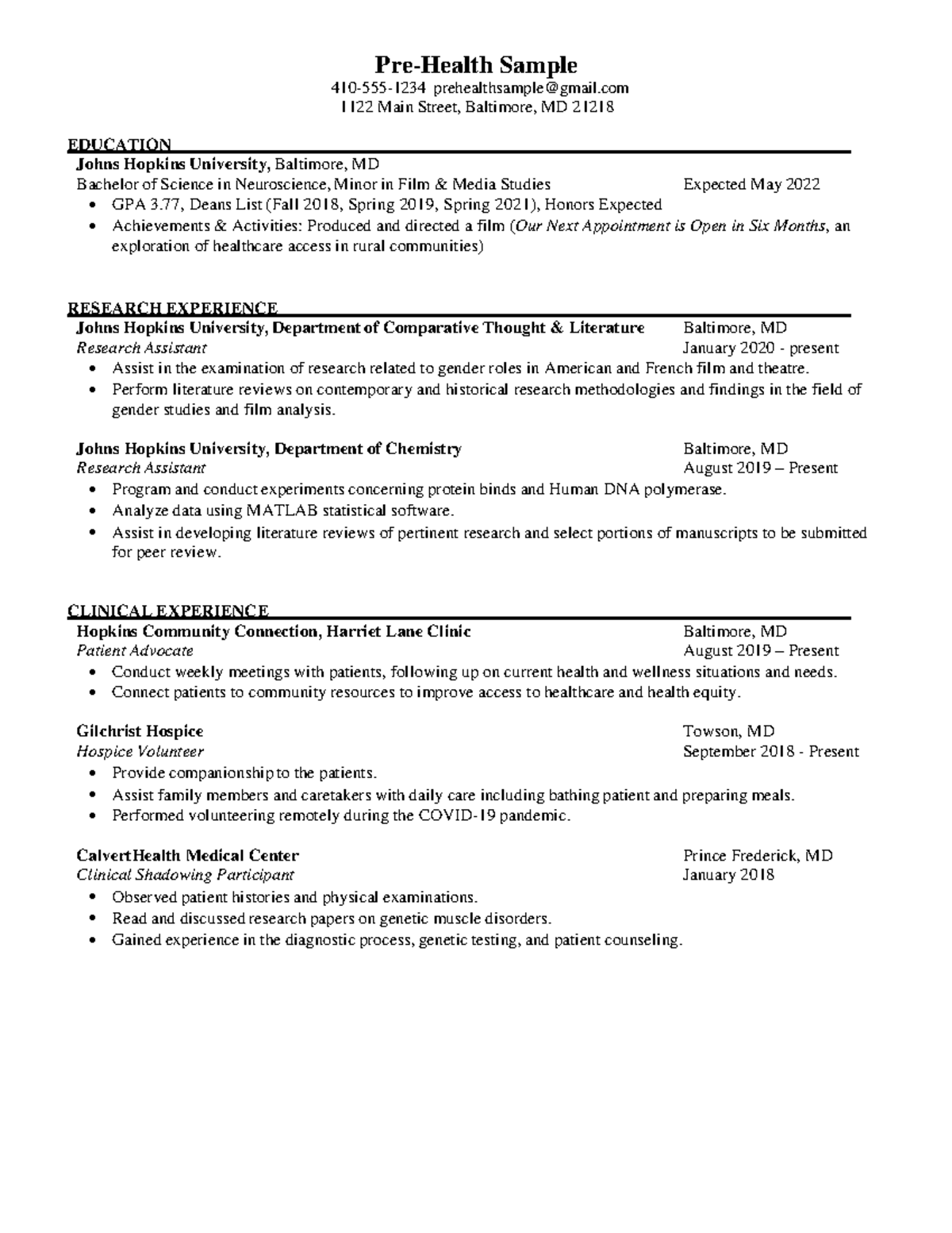 Health Sci Sample Resume - Johns Hopkins University (B.S. Neuroscience ...