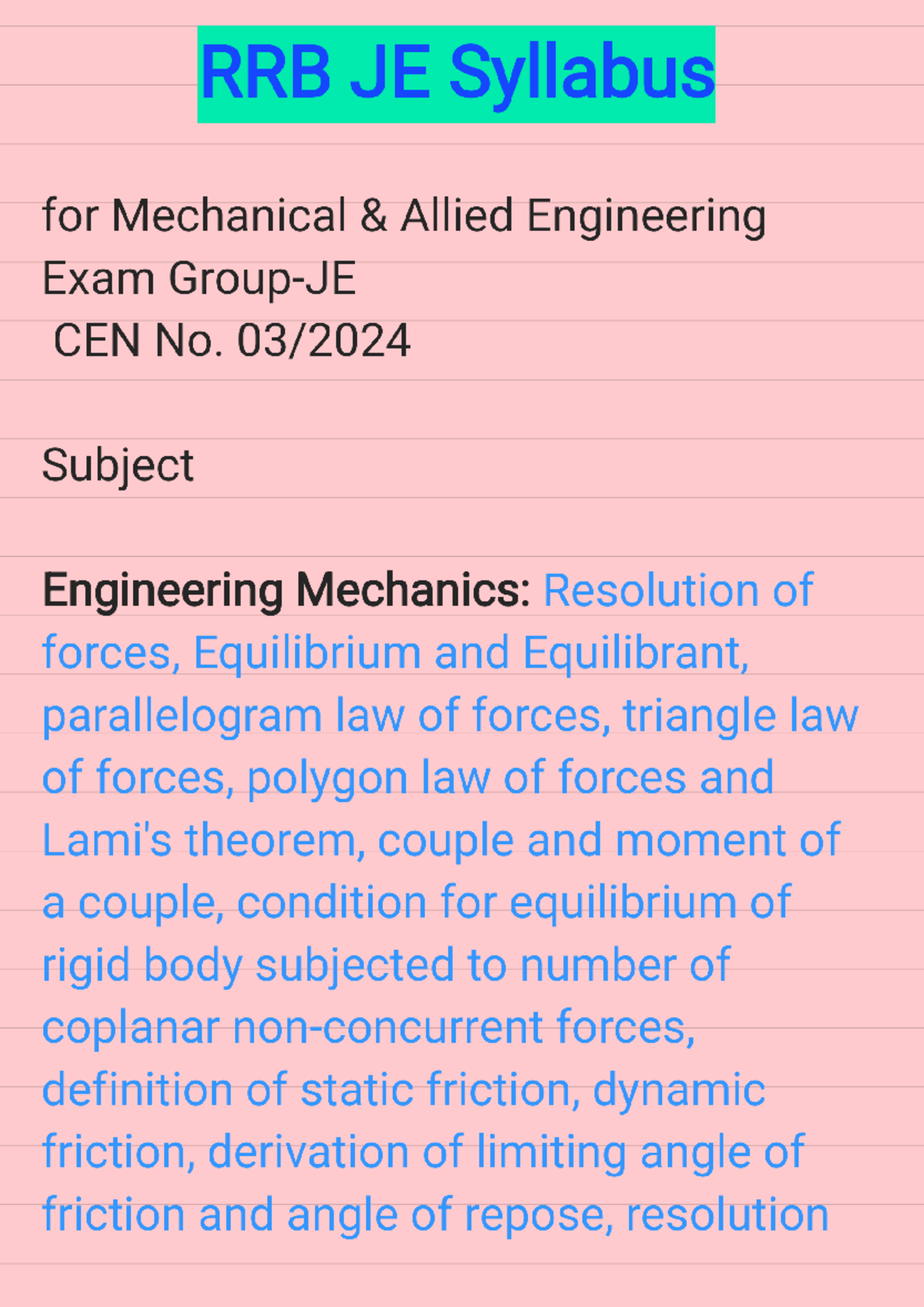 RRB JE Syllabus for Mechanical Engineering Exam CEN No. 2024 - Studocu