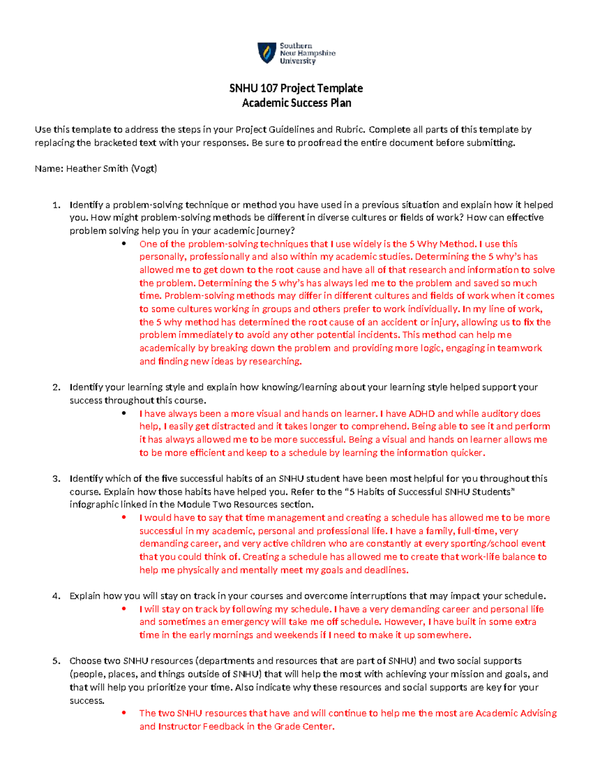 SNHU 107 Project Template: Academic Success Plan Guide - Studocu