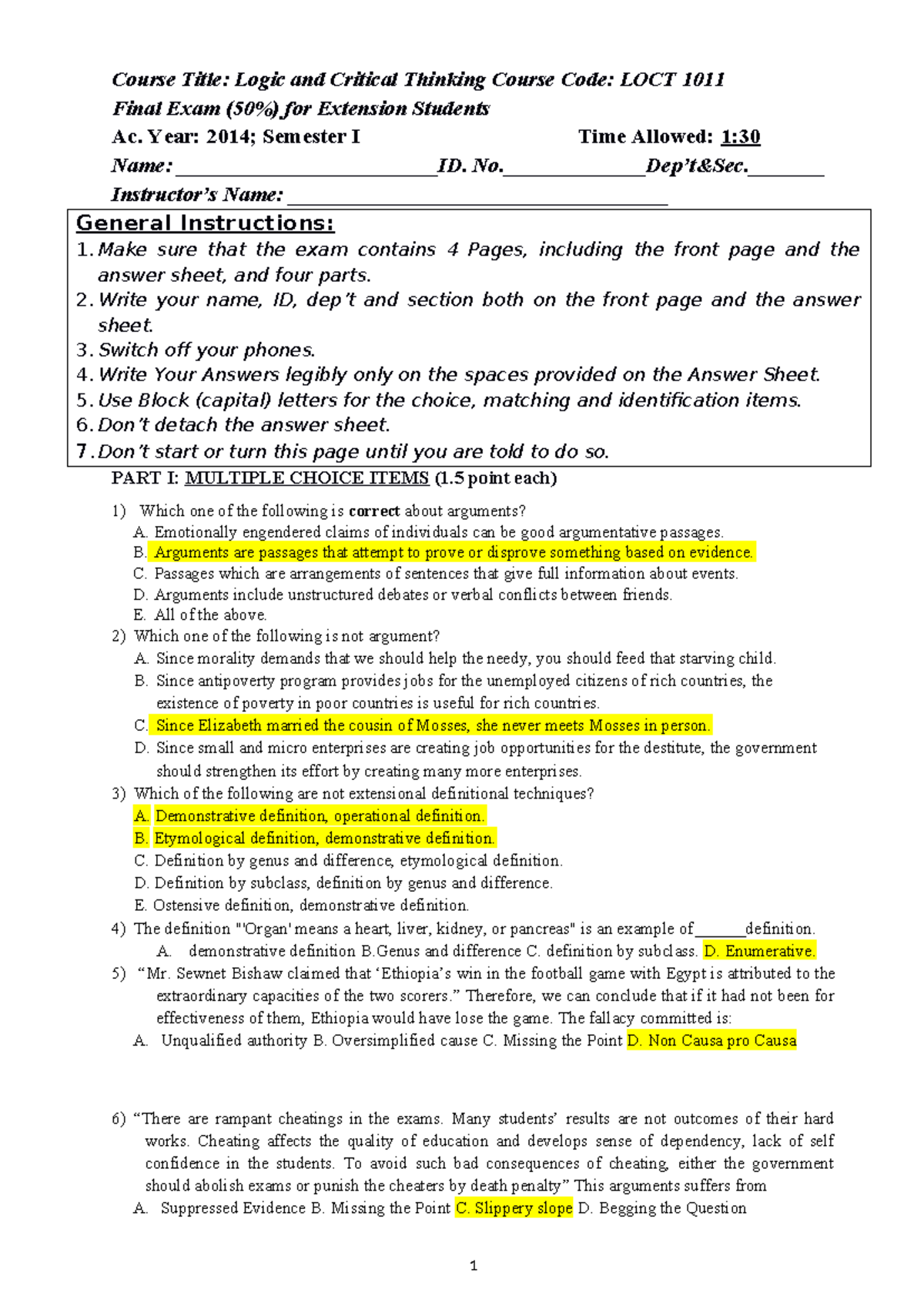 Model Exam 3 - bcfgrfb - Course Title: Logic and Critical Thinking ...