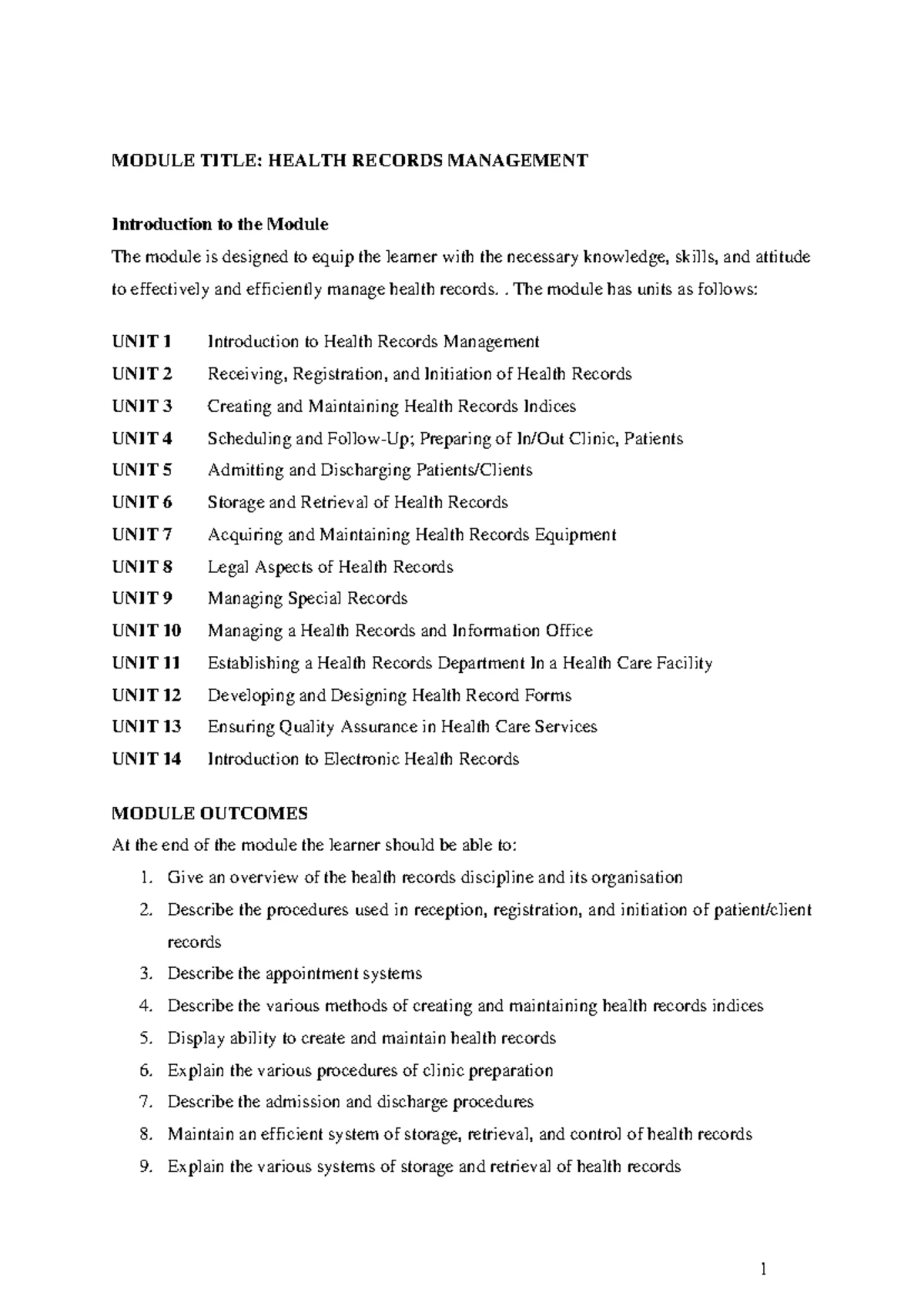 HRM Notes - MODULE TITLE: HEALTH RECORDS MANAGEMENT Introduction to the ...