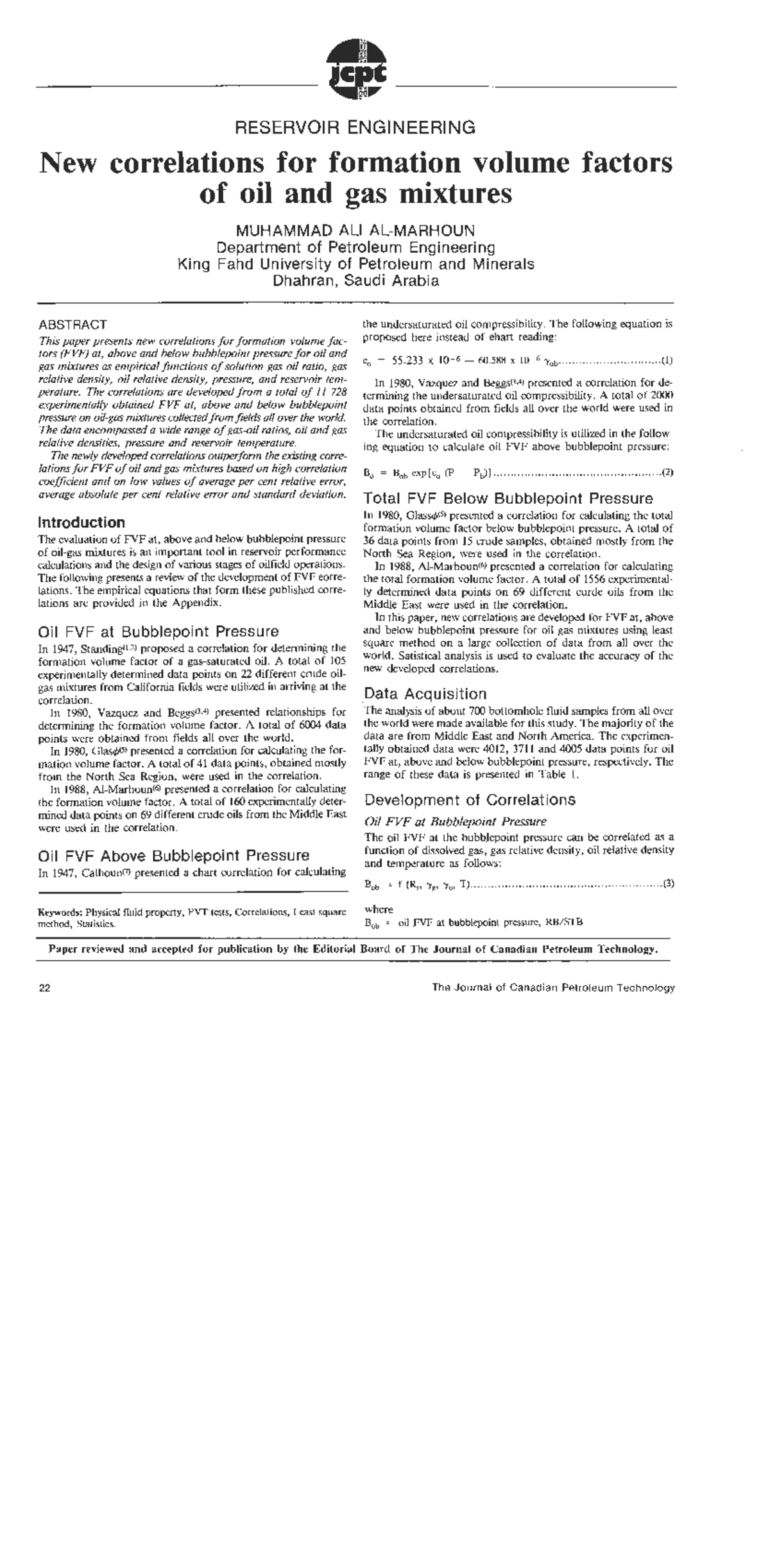 jcpt 1992 New Correlations for FVF of Oil and Gas Mixtures - Studocu