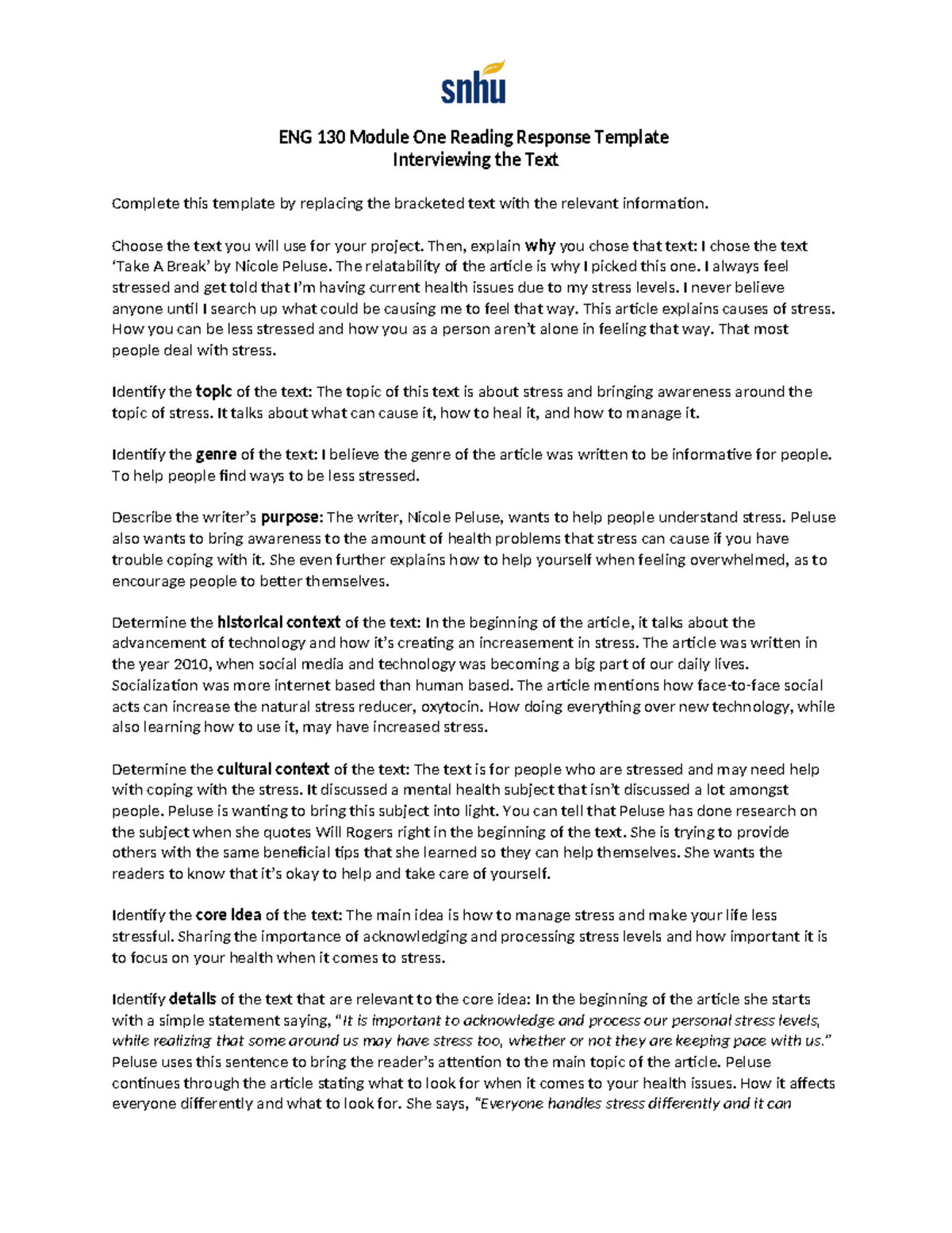 ENG 130 Module 1 Reading Response: Analyzing 'Take A Break' by Peluse ...