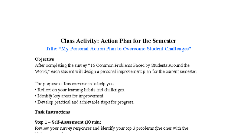 Action Plan Assignment: Personal Improvement Strategy for Students ...