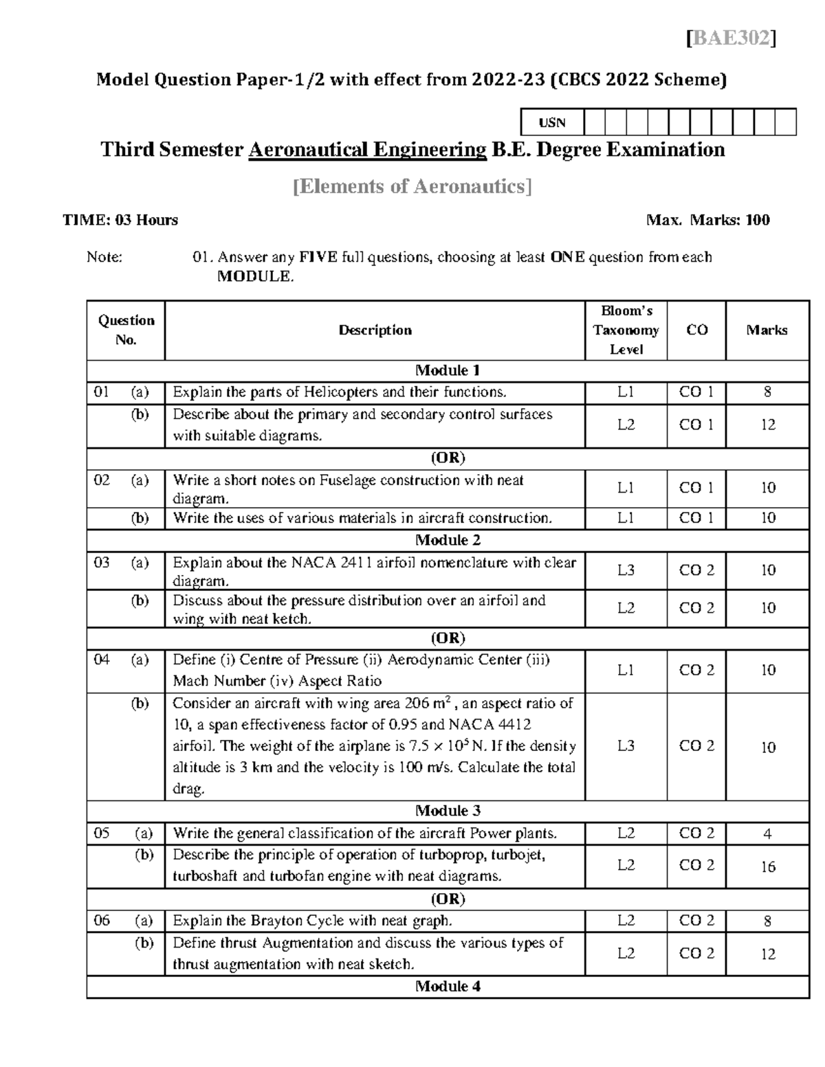 BAE302 - Model Question Paper for Aeronautical Engineering - Studocu