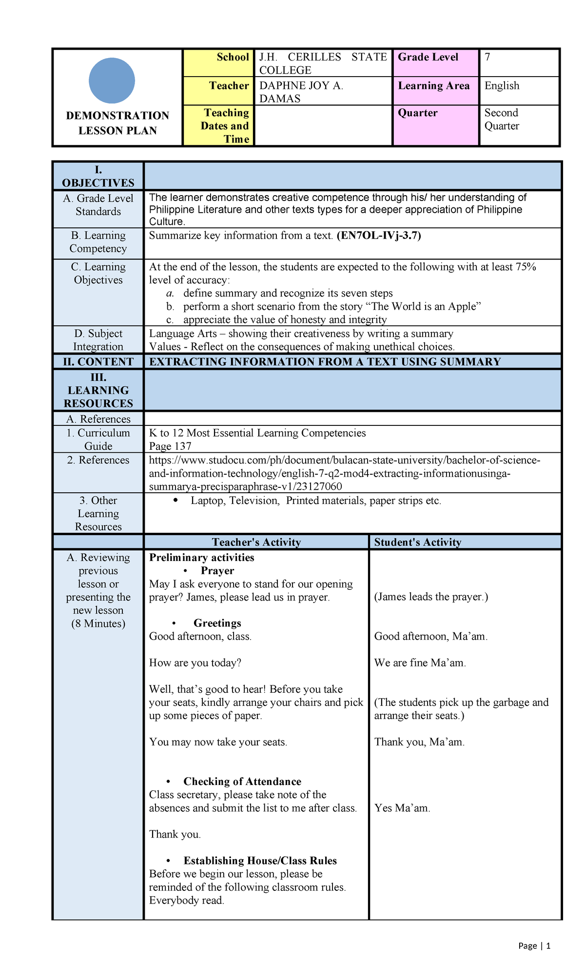 Daphne's Final Lesson Plan: Teaching Summary Skills in 7th Grade ...