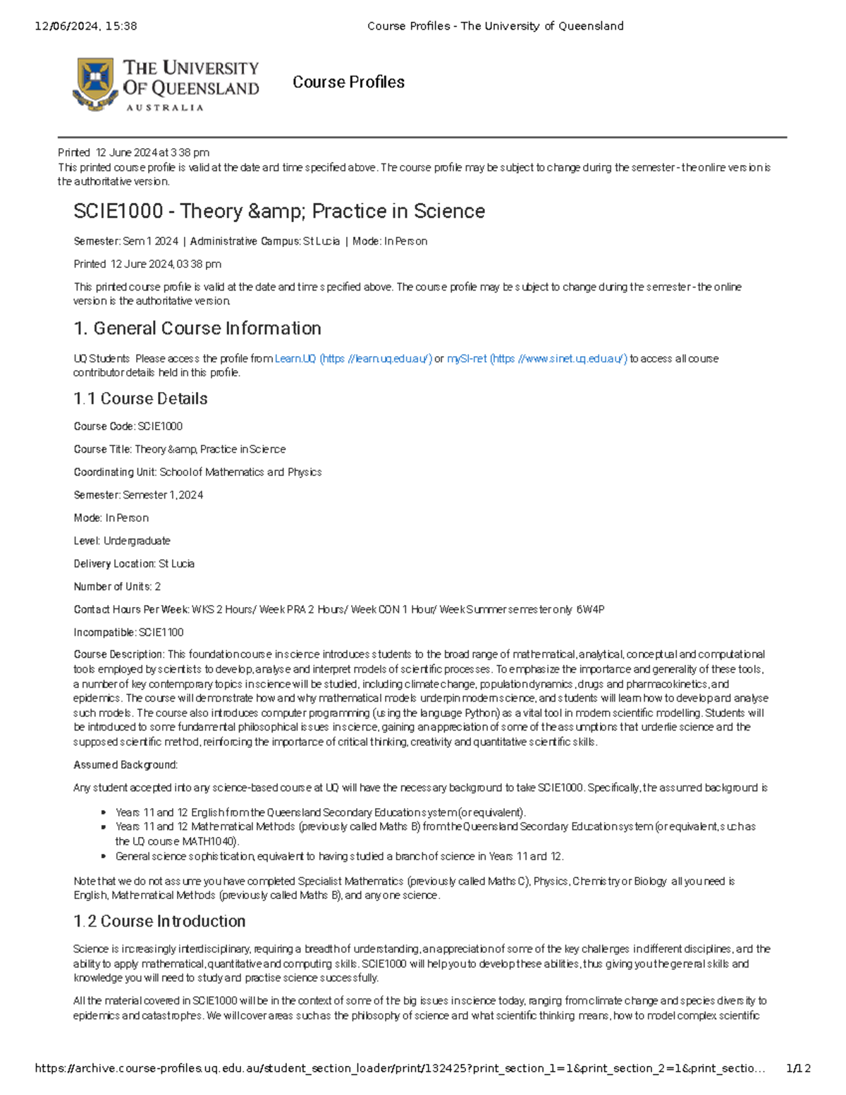 course ecp for the - Course Profiles 1. General Course Information UQ ...