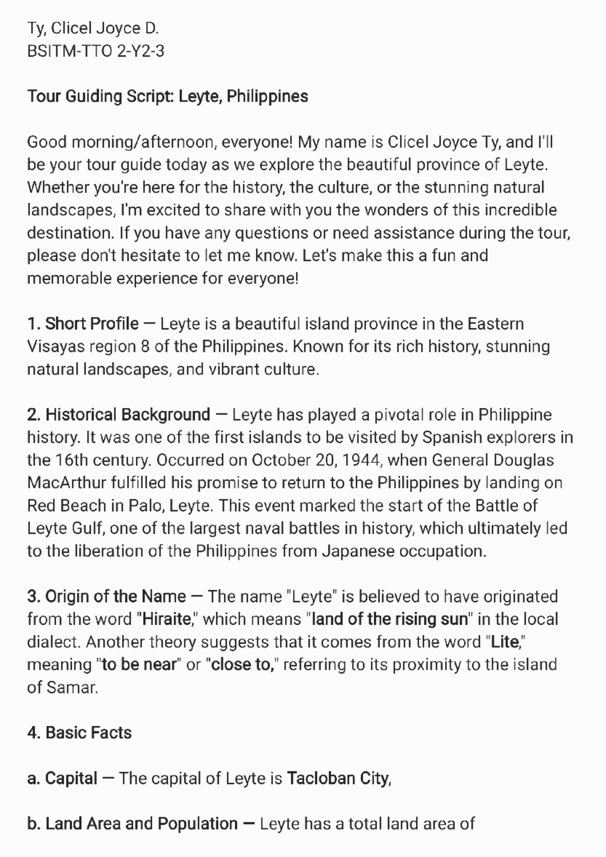 TOUR GUIDING SCRIPT: DISCOVERING LEYTE, PHILIPPINES - Studocu