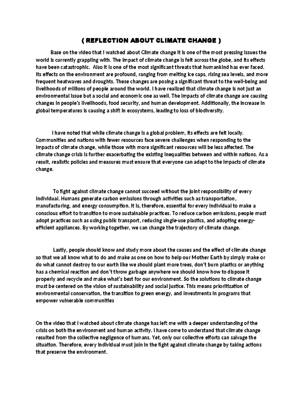 Reflection on Climate Change: Addressing Global & Local Impacts - Studocu