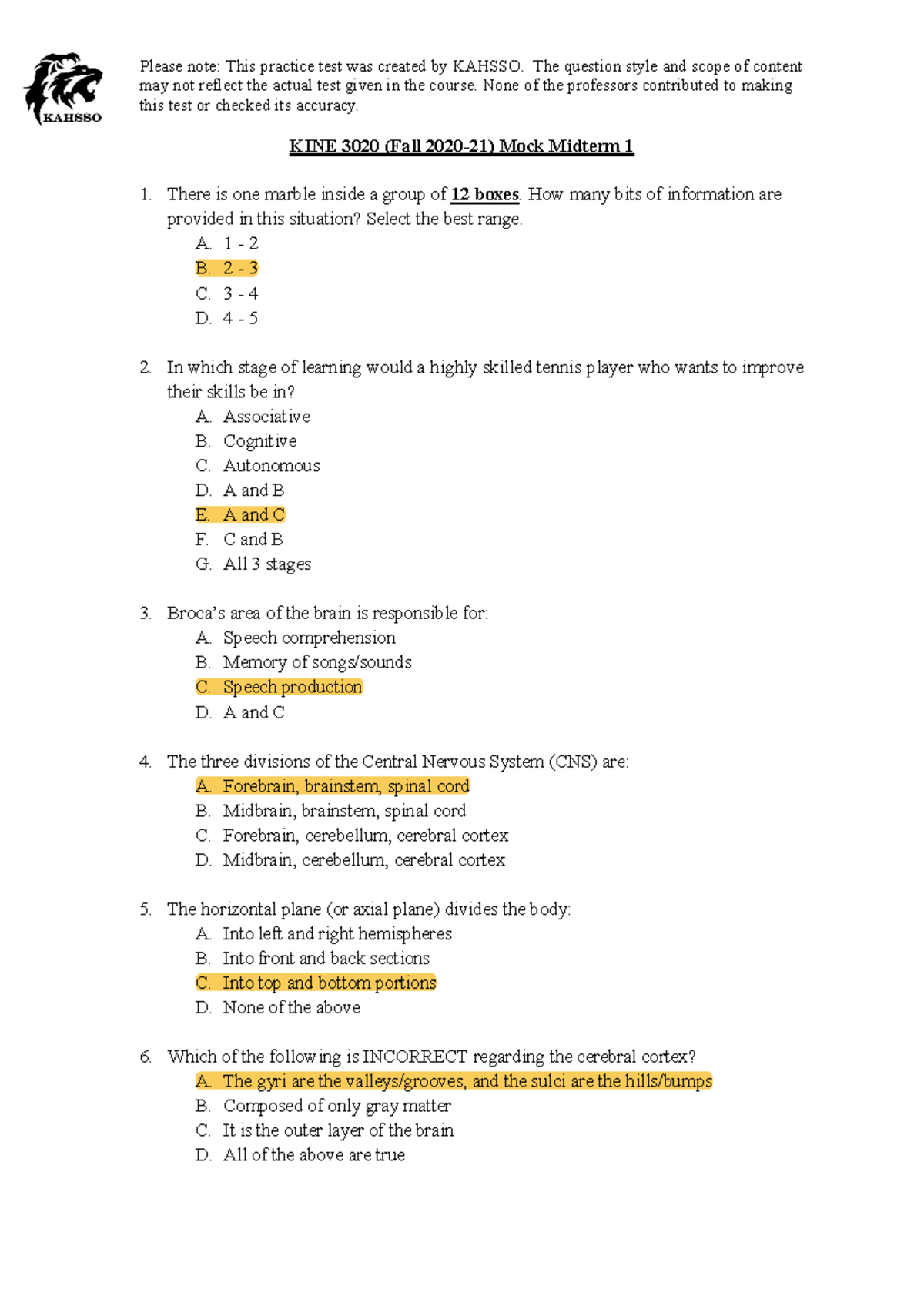 KINE 3020 Mock Midterm Exam 1 - Sample Questions and Answers - Studocu