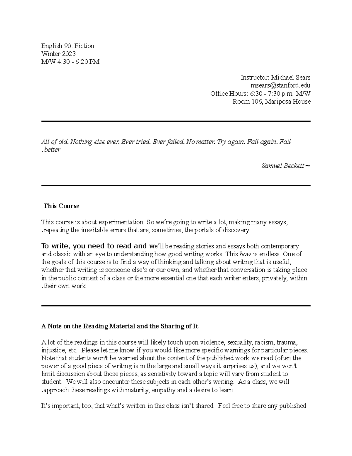 Stanford English 90: Fiction Course Syllabus - Winter 2023 - Studocu