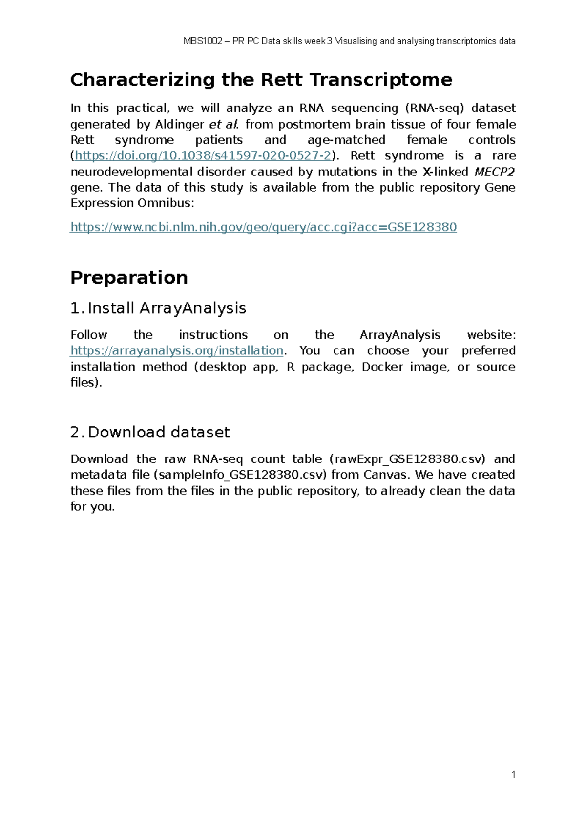 MBS1002 PR PC Data Skills Week 3: Analyzing Rett Transcriptome Data ...