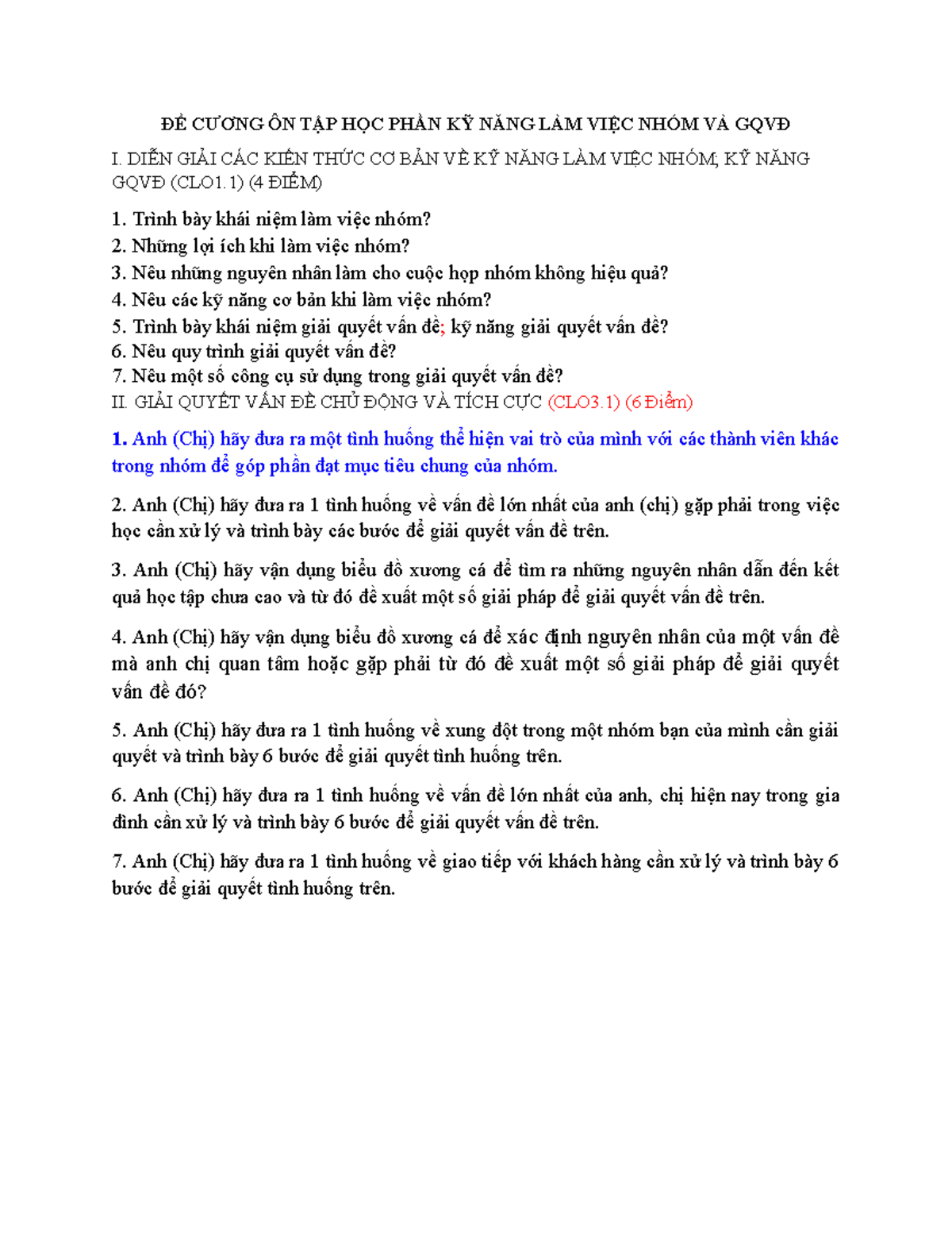 ĐỀ CƯƠNG ÔN TẬP KỸ NĂNG LÀM VIỆC NHÓM VÀ GQVĐ K12 - Studocu