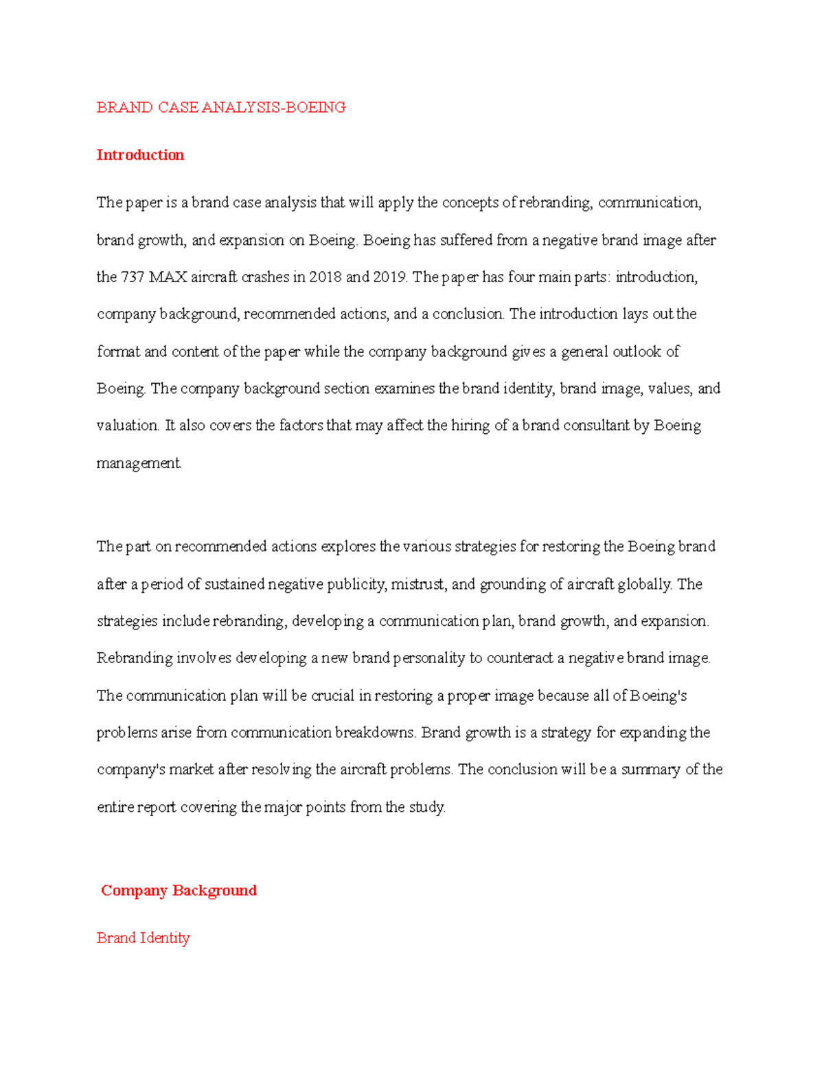 Analysis of Boeing Brand - BRAND CASE ANALYSIS-BOEING Introduction The ...