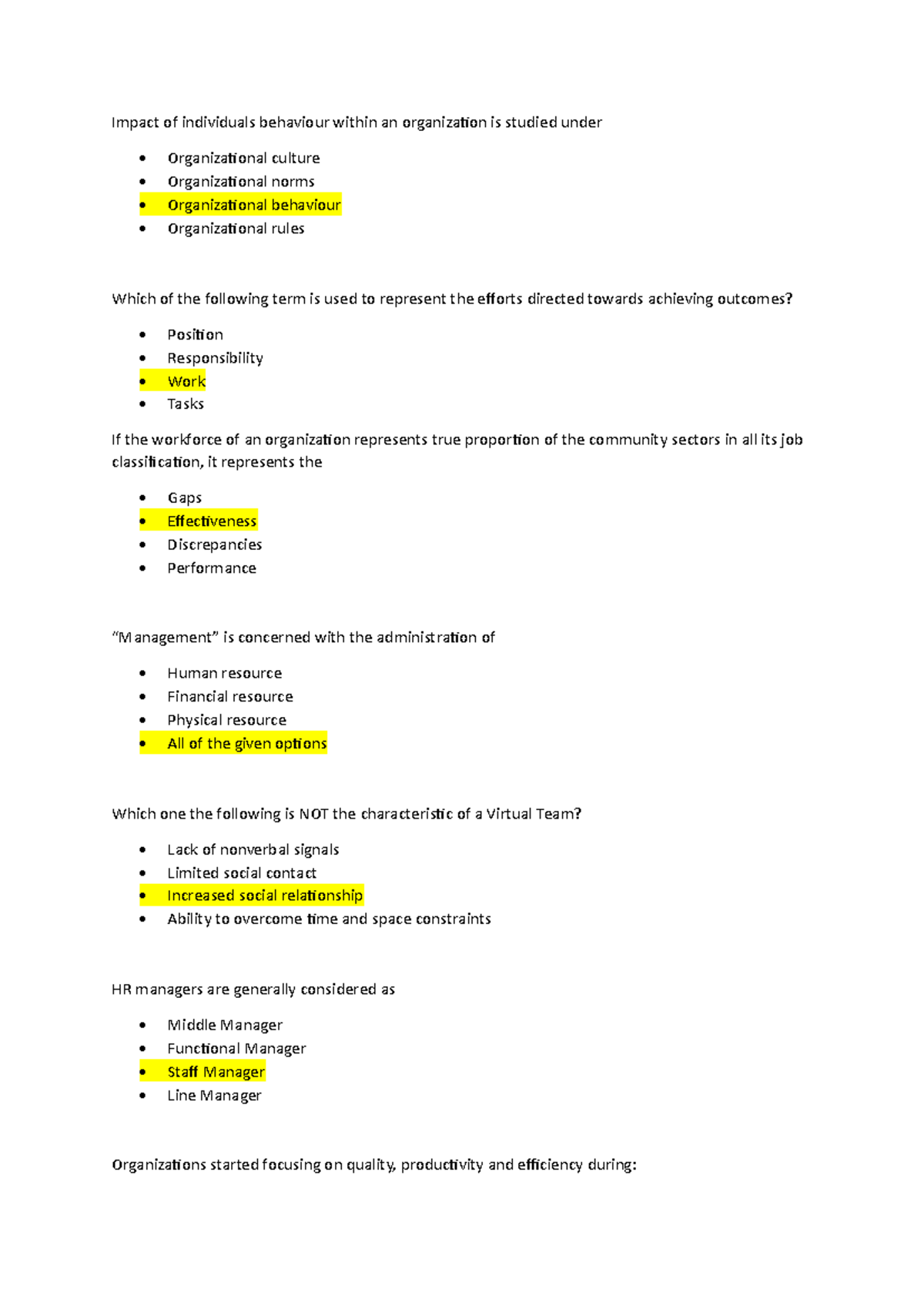 501 - Past Quizzes on Organizational Behavior and HRM with Answers ...
