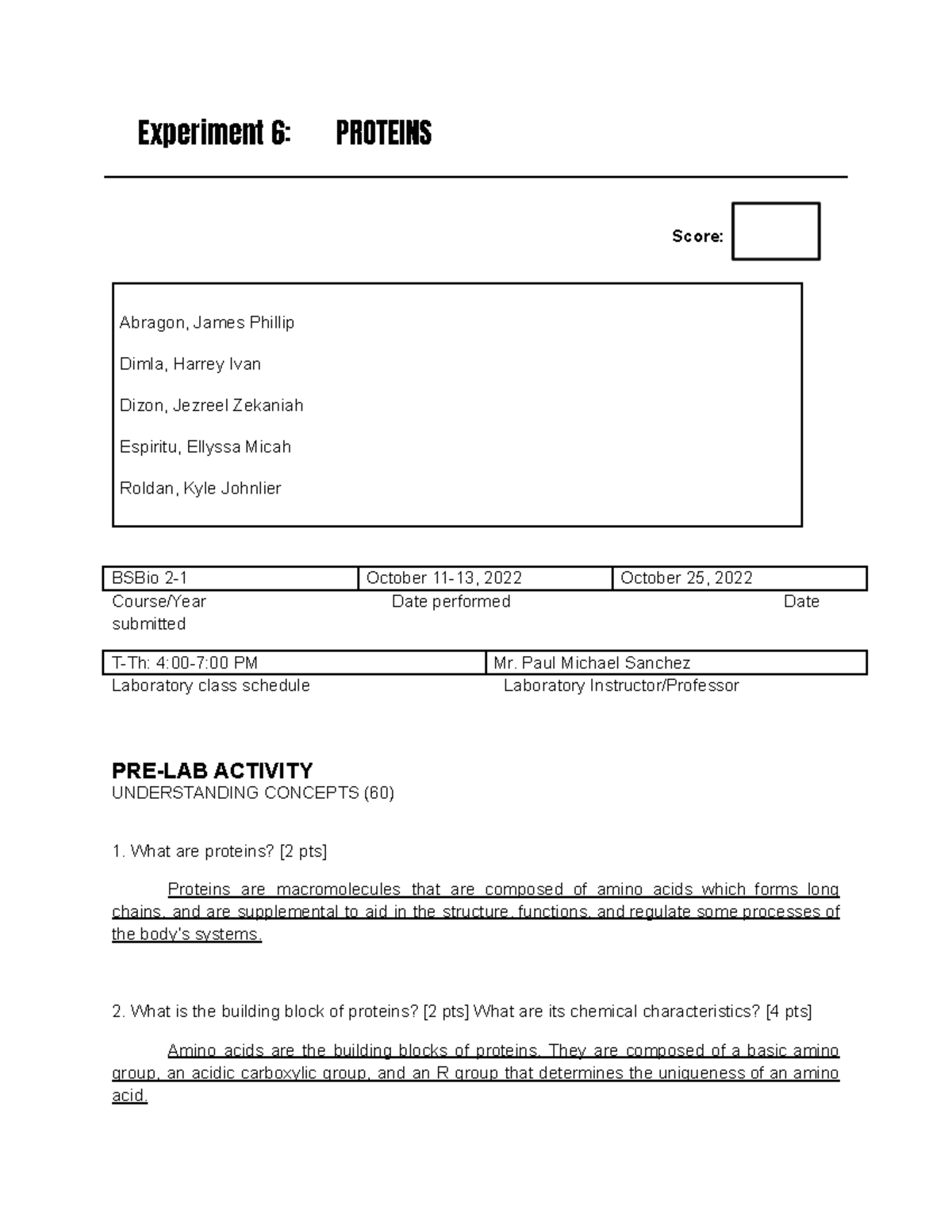 LAB REP 4 Group 1 - Laboratory Report - Experiment 6: PROTEINS Score: Abragon, James Phillip ...