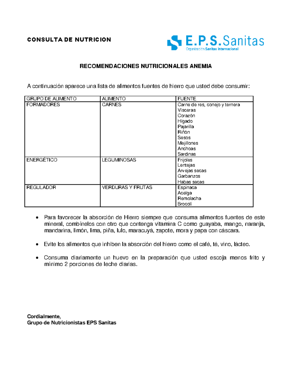 Recomendaciones Nutricionales para Anemia - Consulta de Nutrición - Studocu