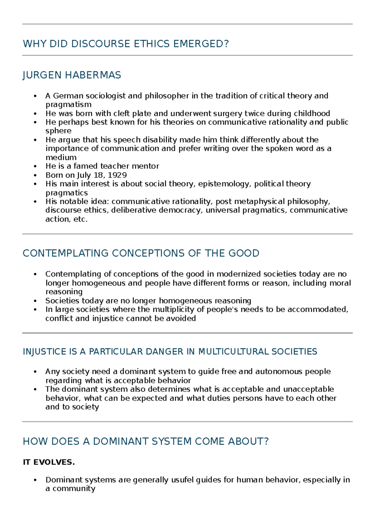 Ethics Review: Discourse Ethics and Habermas' Theories - Studocu