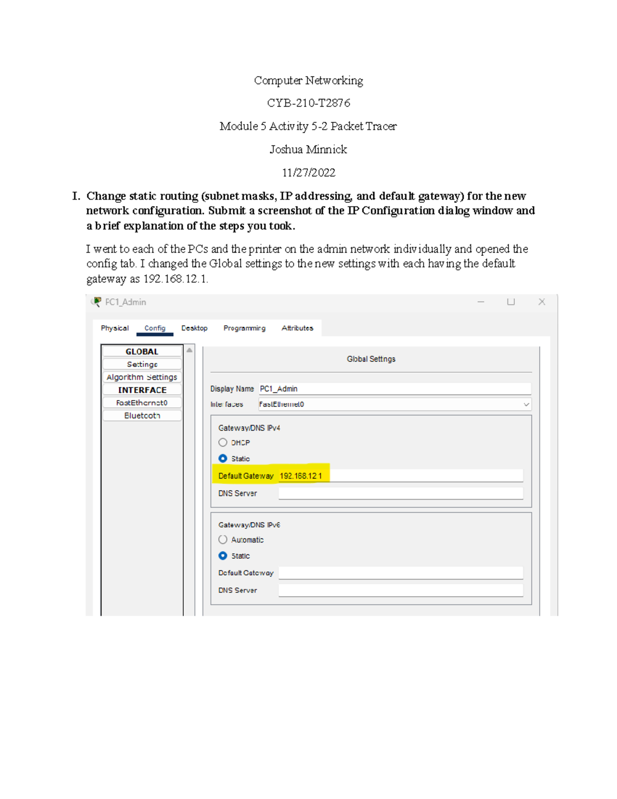 CYB 210 5-2 Activity Joshua Minnick - Computer Networking CYB-210-T Module 5 Activity 5-2 Packet ...