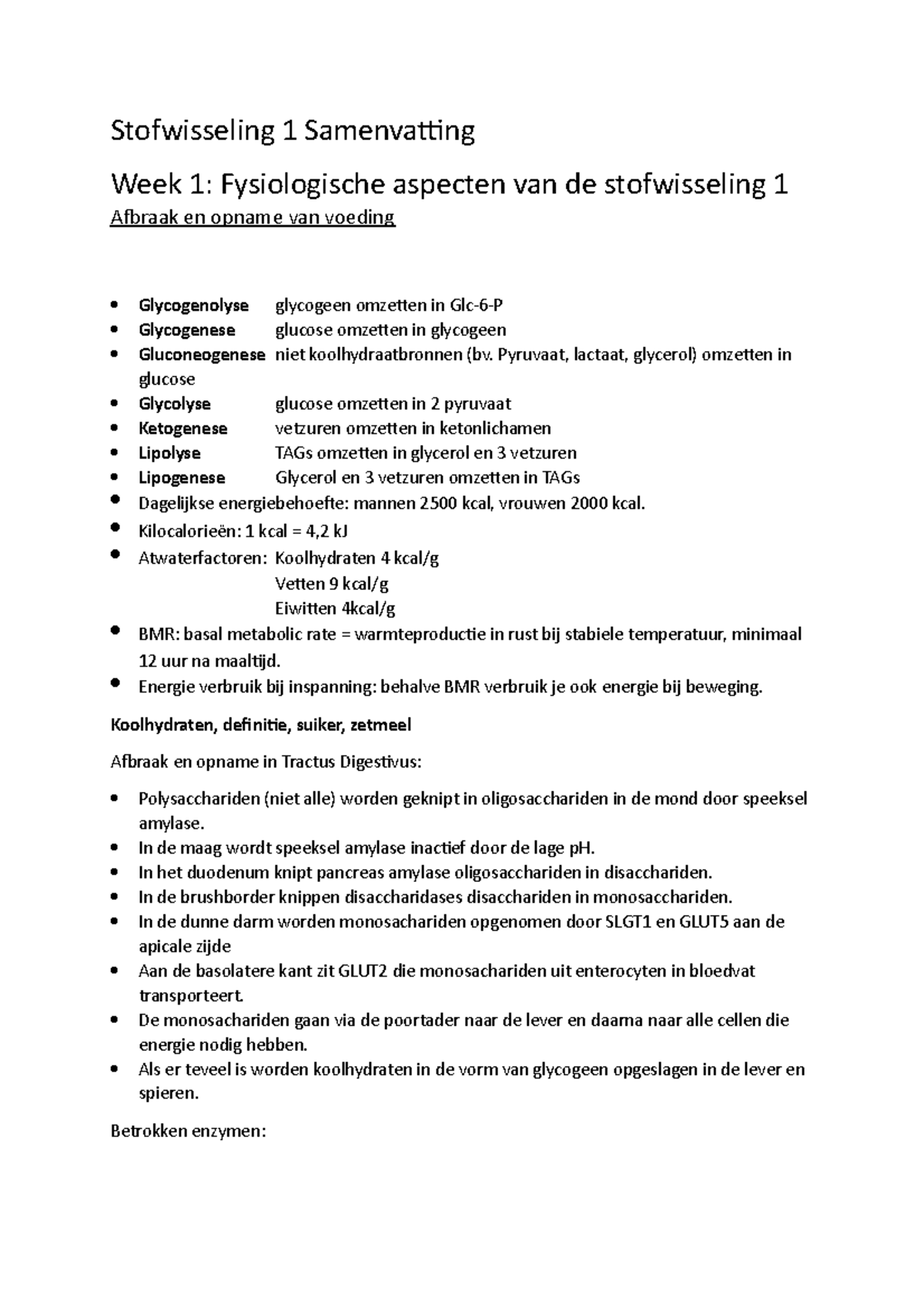 Stofwisseling 1 Samenvatting: Fysiologie en Metabolisme van Voeding ...