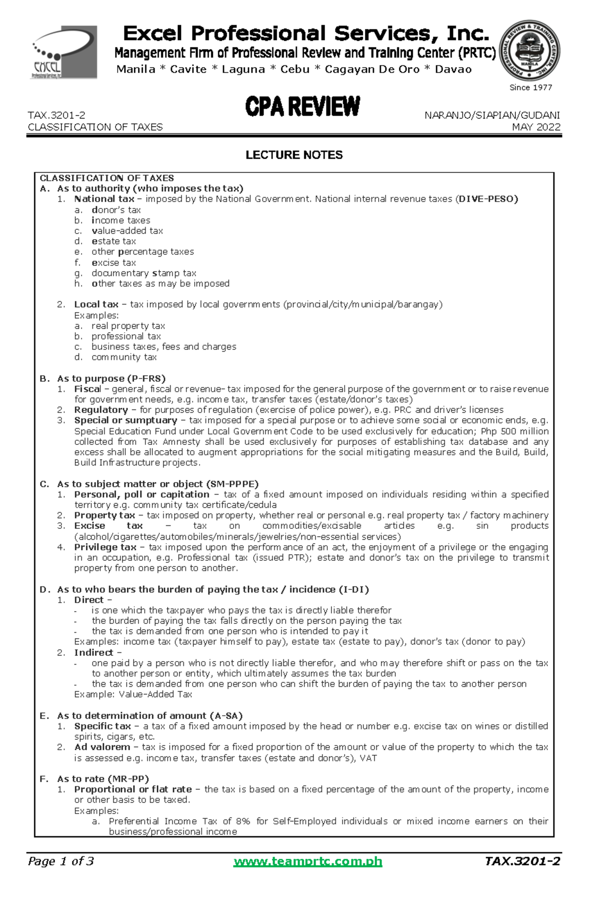 TAX 3201 - Lecture Notes on Classification of Taxes (May 2022) - Studocu