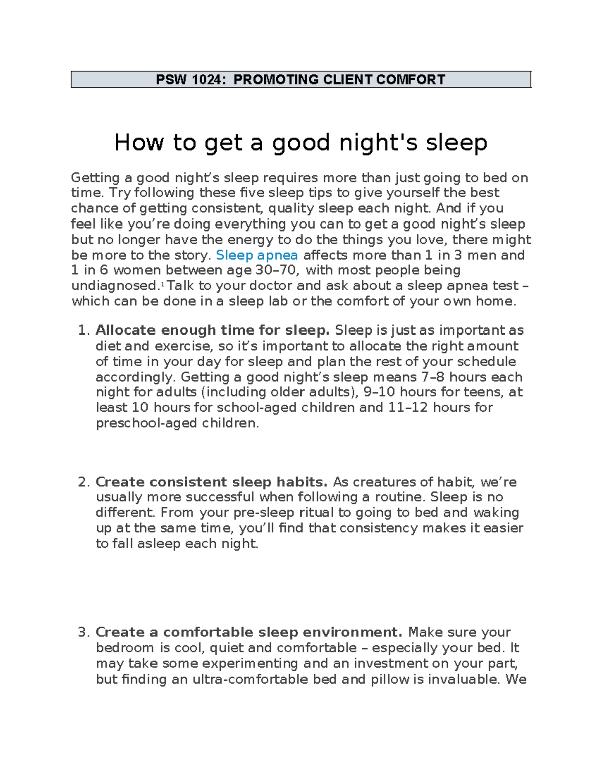 PSW 1024: Tips for Promoting Quality Sleep and Comfort - Studocu