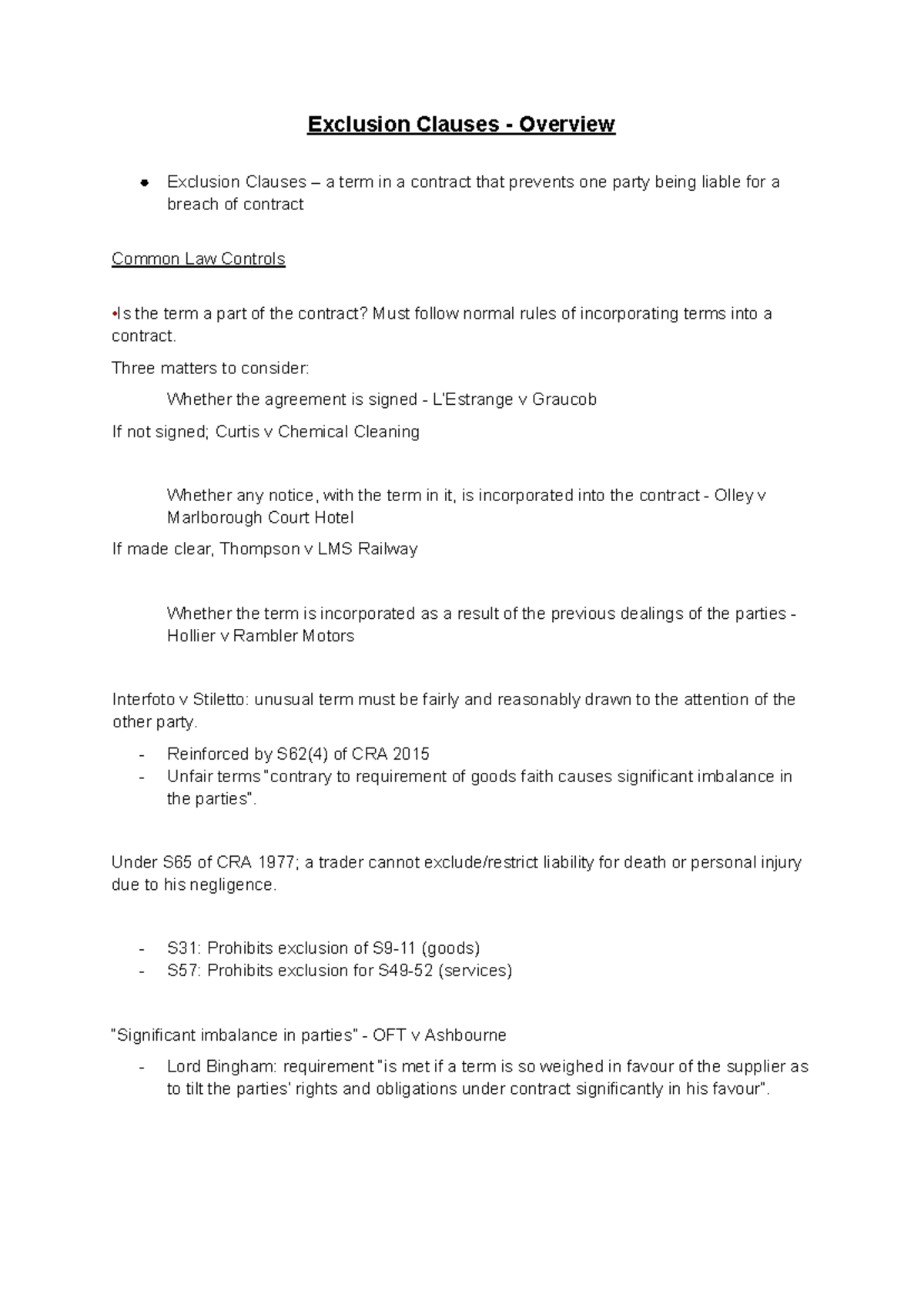 Exclusion Clauses Overview & Common Law Controls - Legal Study Notes ...