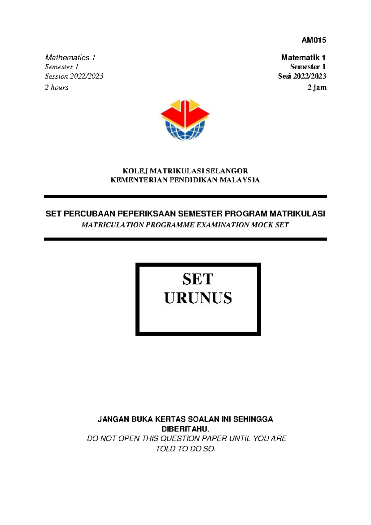 KMS - Semester 1 Mathematics 1 Mock Exam Exercises 2023 - Studocu